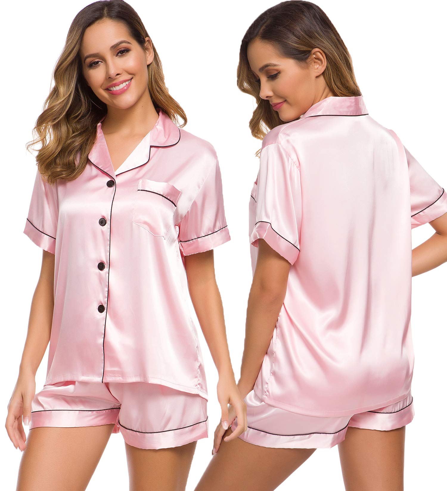 SWOMOG Womens Silk Satin Pajamas Short Sleeve Loungewear Two-Piece Sleepwear Button-Down Pj Set Pink