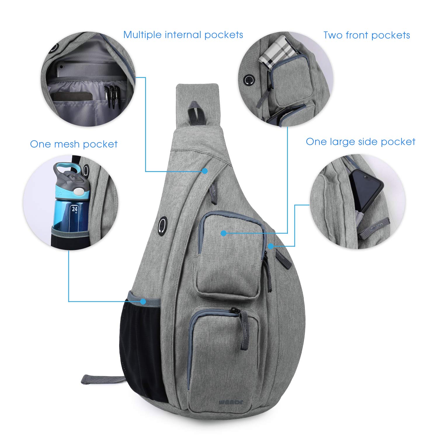 WANDF Sling Bag One Strap Backpack Travel Crossbody Backpack Water-resistant (S-Grey Denim, Small)