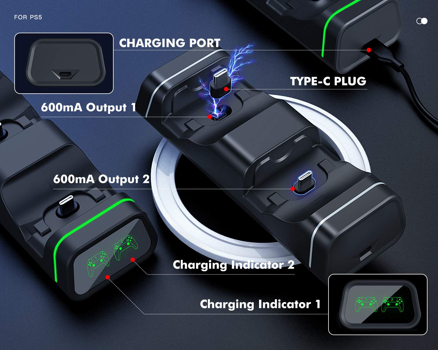 TiMOVO Charger for PS5, Xbox Series X/S, Xbox One/S/Core, Switch Pro Controller, Dual USB Controller Charger Fast Charging Station Portable Charging Dock Stand with LED Indicator, Black