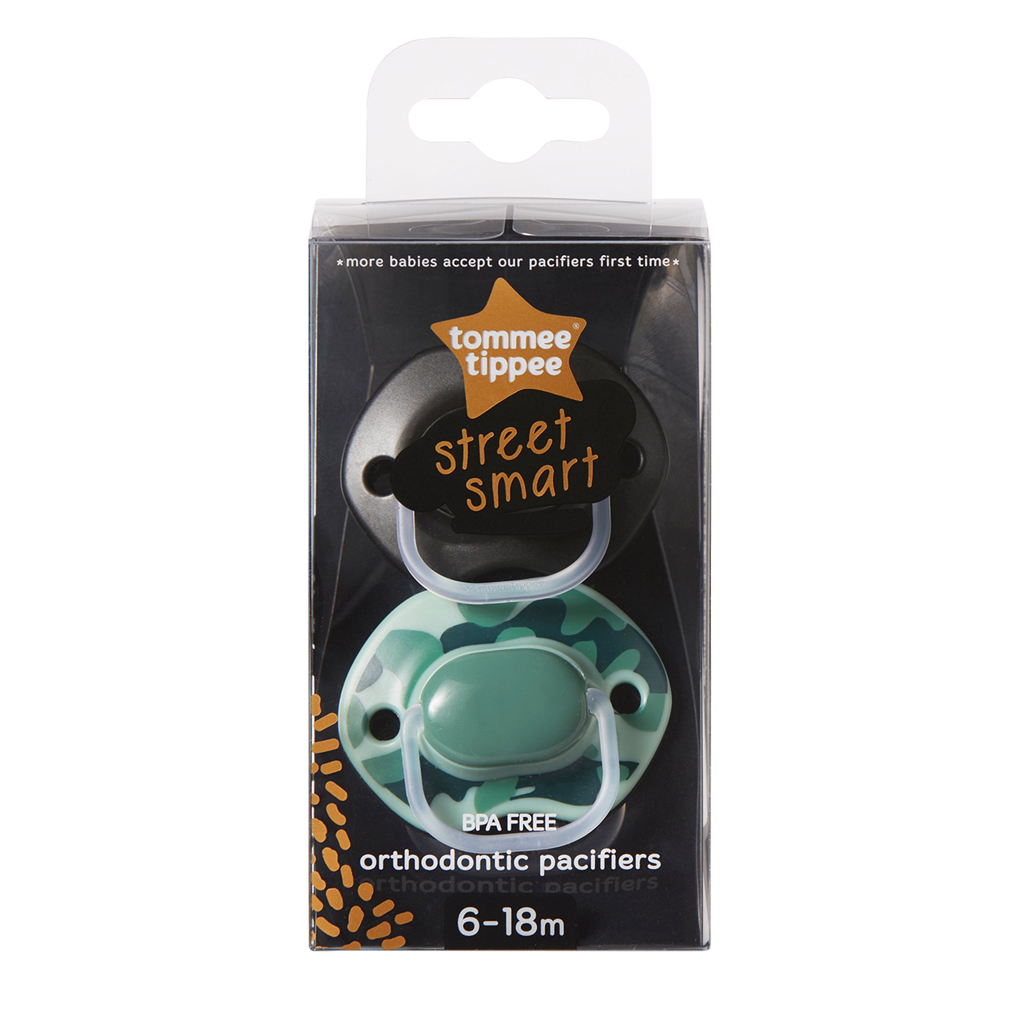 Tommee Tippee Street Smart Pacifiers, Symmetrical Design, BPA-Free Silicone Binkies, 6-18m, 2-Count