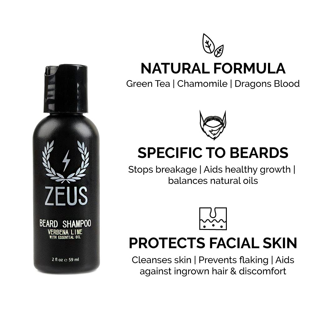 ZEUS Essential Travel Sized Beard Oil Set, Starter Kit, Cleans, Conditions, Moisturizing, Tames Hair, Aides Itchy Skin - Sandalwood