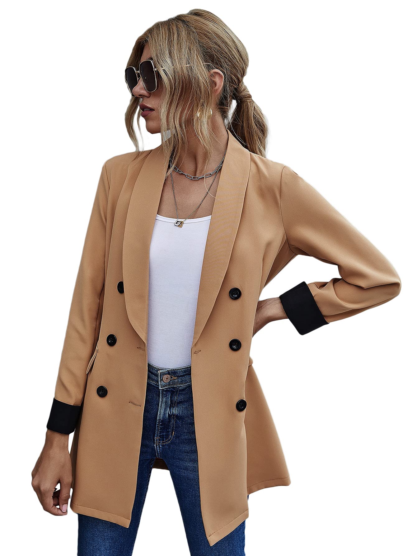SheIn Women's Long Sleeve Double Breasted Long Blazer Shawl Collar Button Jacket Khaki Small