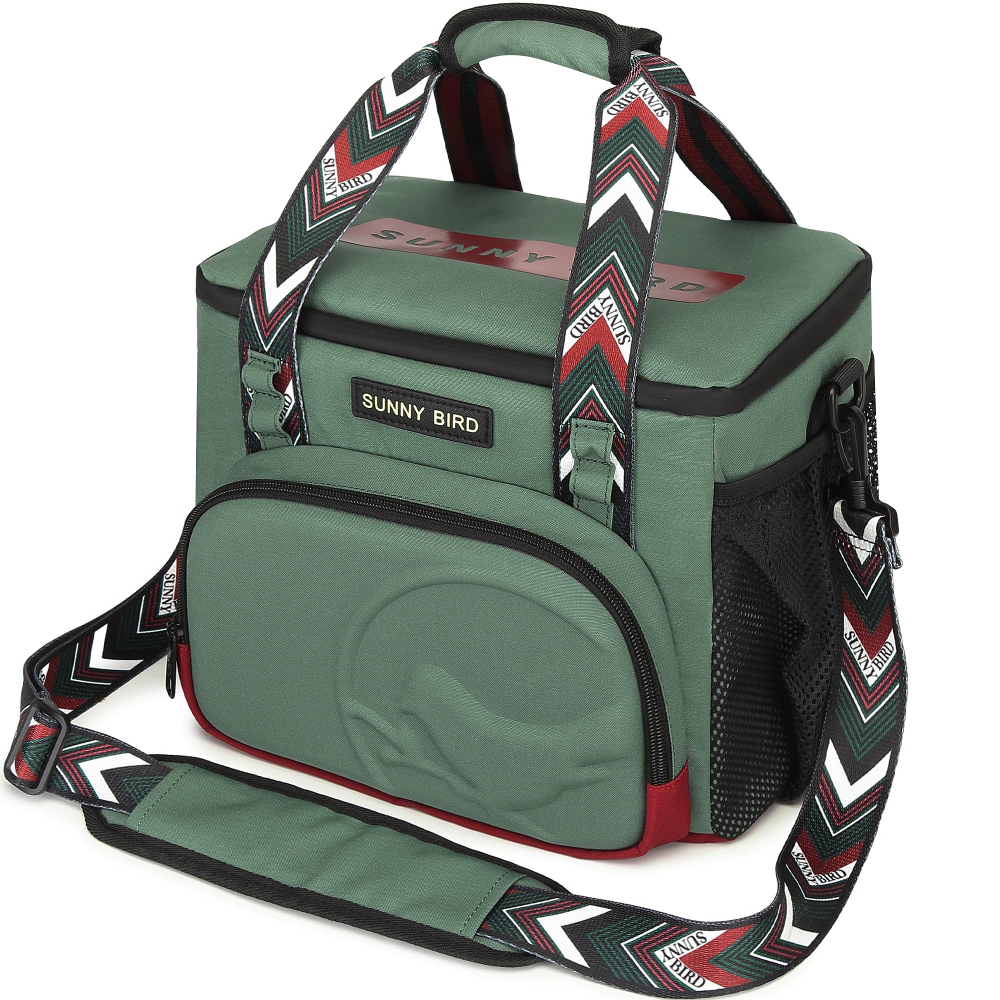 SUNNY BIRD 12L Large Insulated Lunch Bag, Foldable Lunch Cooler Box for Women Adult and Men, Fits 18 Cans (Green with boho strap)