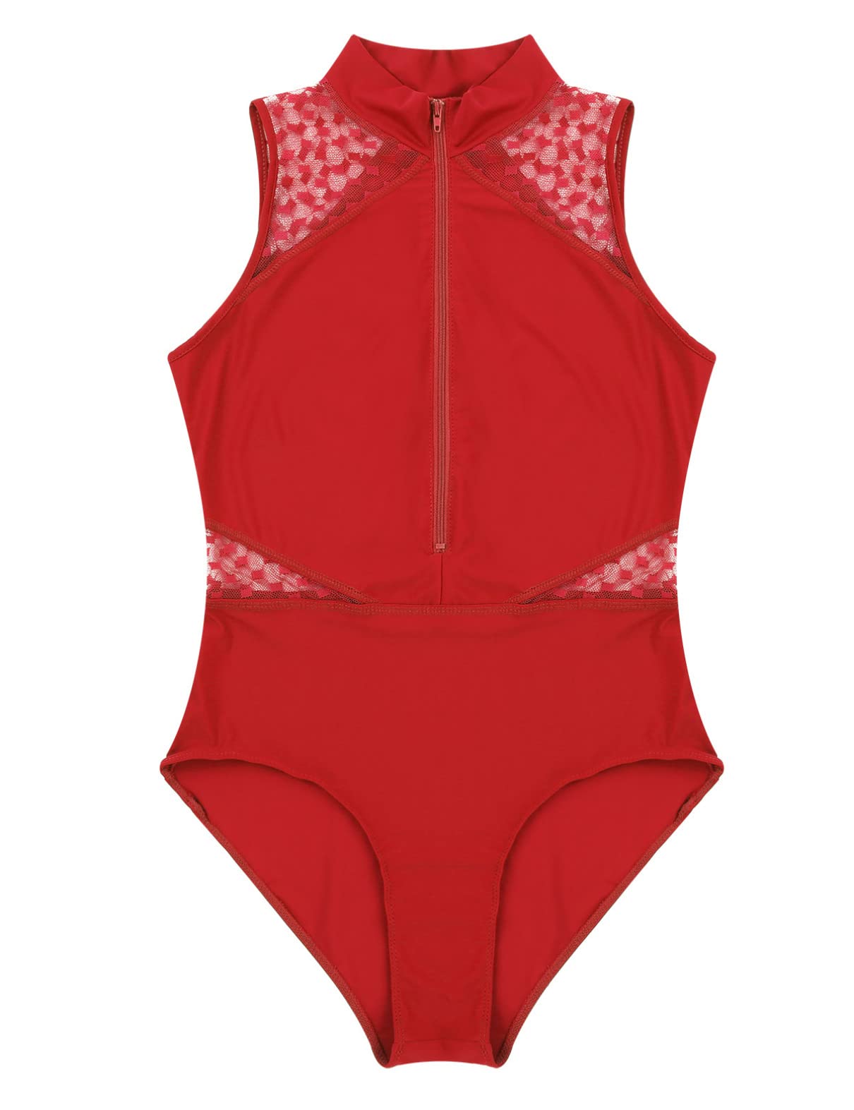 Sywiyi Women's Sleeveless Mesh Splice Bodysuit Zipper Front Gymnastics Leotard Ballet Dance Costume Red Small
