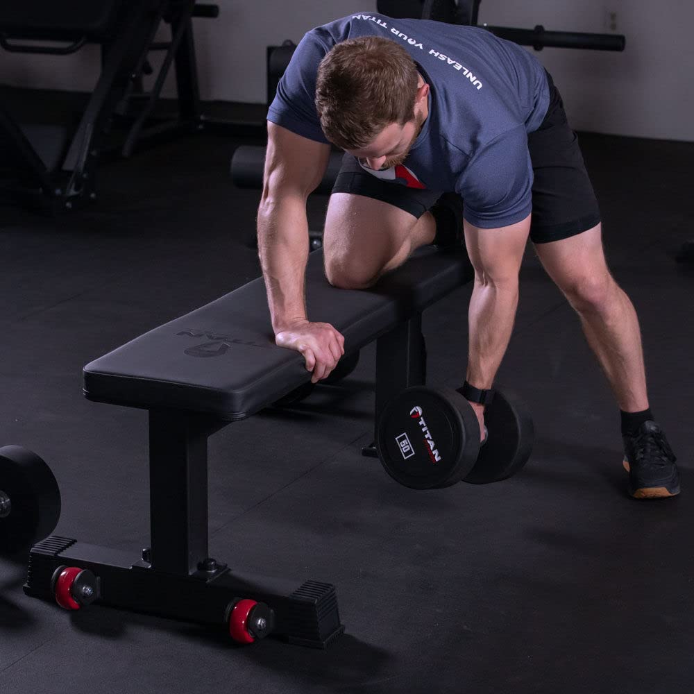 Titan Fitness Tri-Pod Competition Flat Weight Bench, 1,000 LB Capacity, Dedicated Home Gym Weightlifting & Strength Training Utility Bench, HeftyGrip Vinyl Upholstery, Front Handle & Rear Wheels