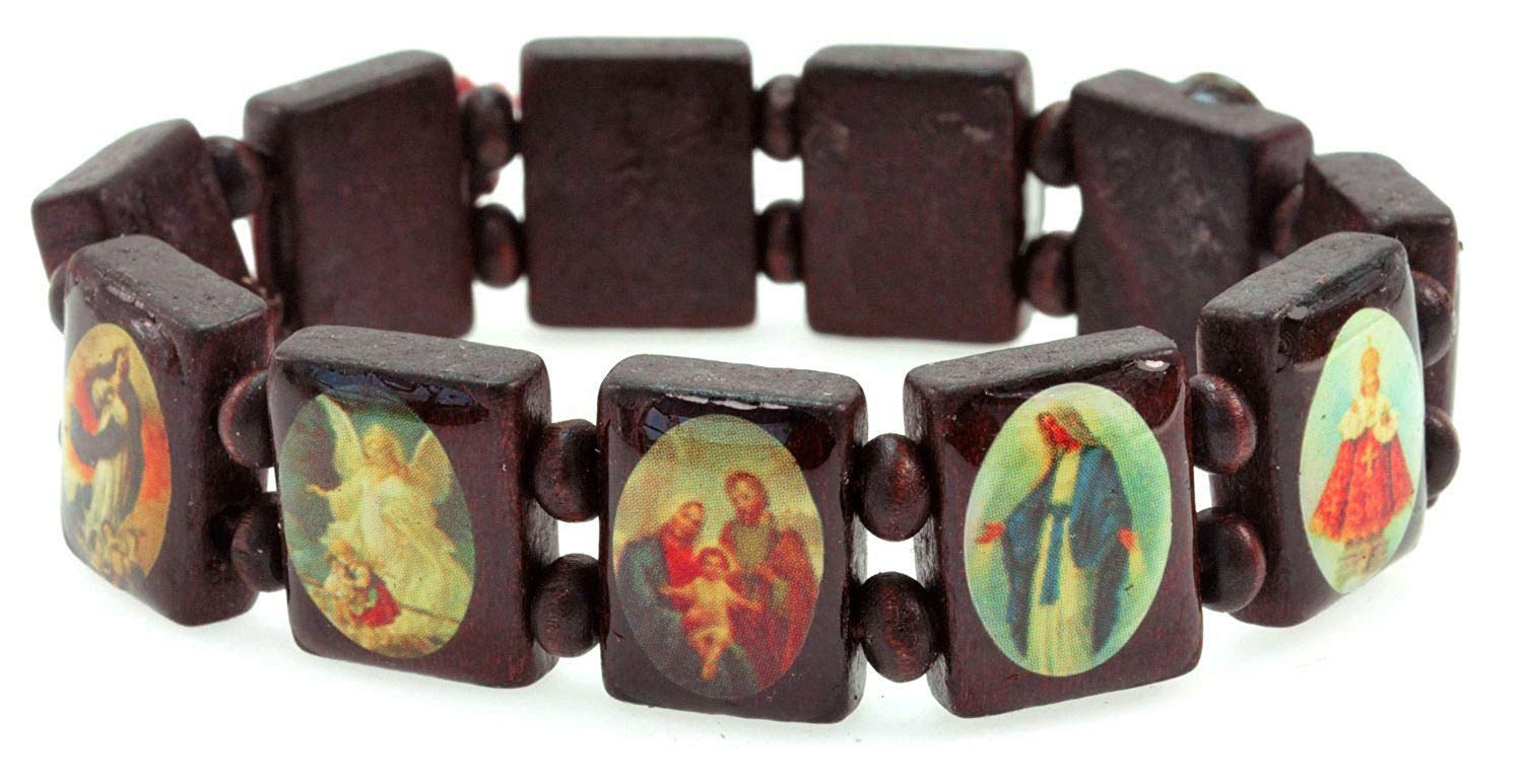 PURPLE WHALE Unisex Religious Wooden Bracelet, Assorted Images Saints, Jesus, Angels Rosary, Stretchable Adjustable Bracelet, Catholic Jewelry Gift, Brown, 3 Piece