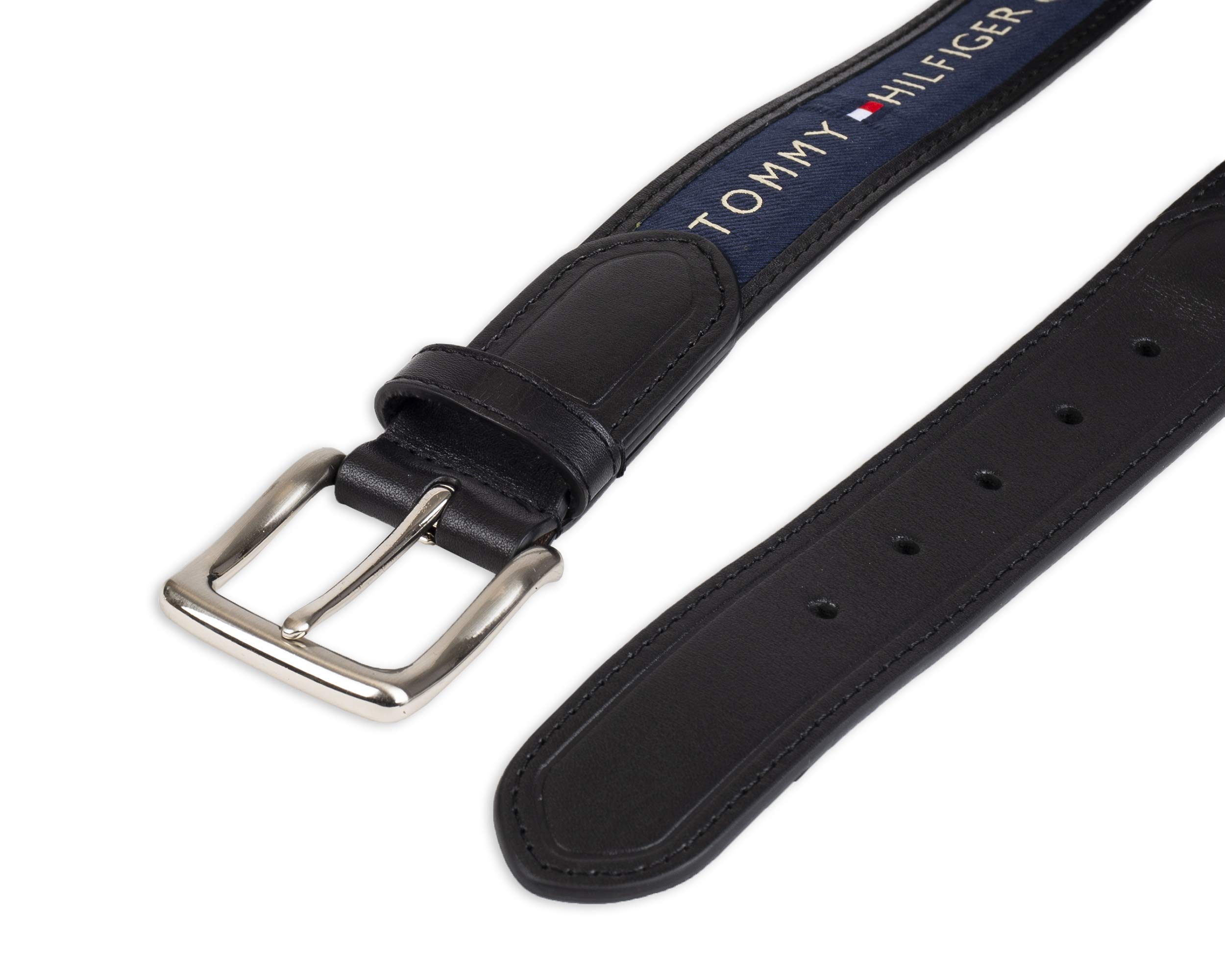 Tommy Hilfiger Men's Ribbon Inlay Belt - Ribbon Fabric Design with Single Prong Buckle, Black/Navy, 36