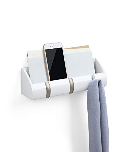 Umbra Cubby Mini Organizer – with Hooks and Compartment, Great for Holding Keys, Phone, Chargers, Mail, and Oher Goods, Compact Storage, White