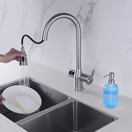 Upgrade Your Kitchen with Our LED Touch On Kitchen Sink Faucet - Temperature Display, 3 Spraying Modes, and Easy DIY Installation - Brushed Nickel Finish