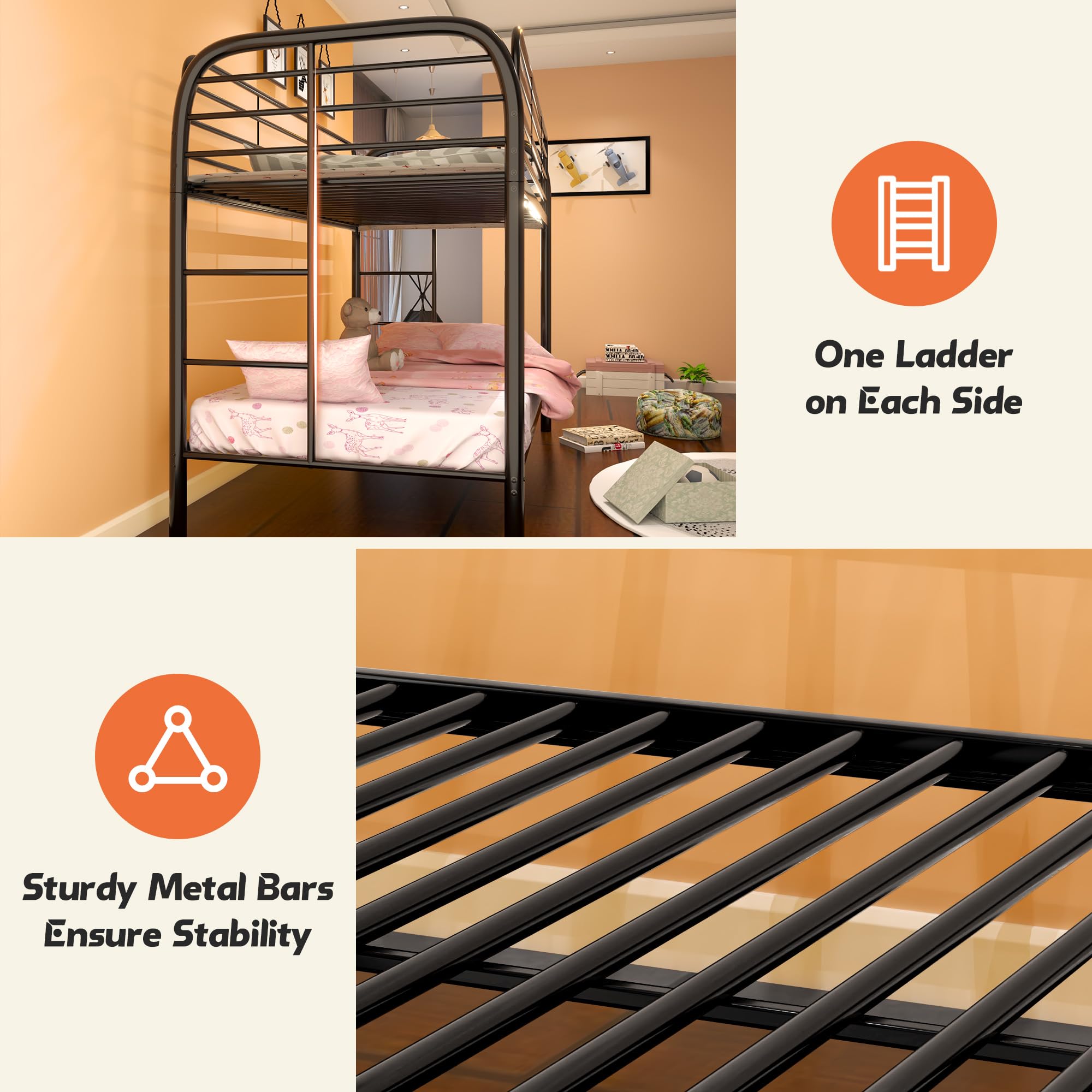 SUXXAN Bunk Bed Twin-Over-Full Size with Frame and Ladder, Metal Bunk Bed with Space-Saving Design, Low Loft Design, for Teens & Adults/No Box Spring Needed