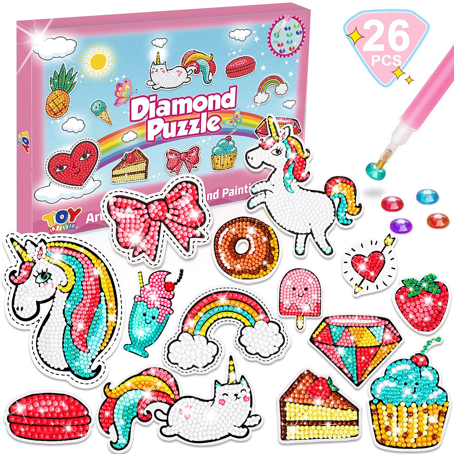TOY Life Diamond Painting Kits for Kids, Diamond Art for Kids, 26pcs Diamond Painting Stickers, Gem Sticker, Gem Art and Craft Kits for Kids, Unicorn Diamond Painting for Kid