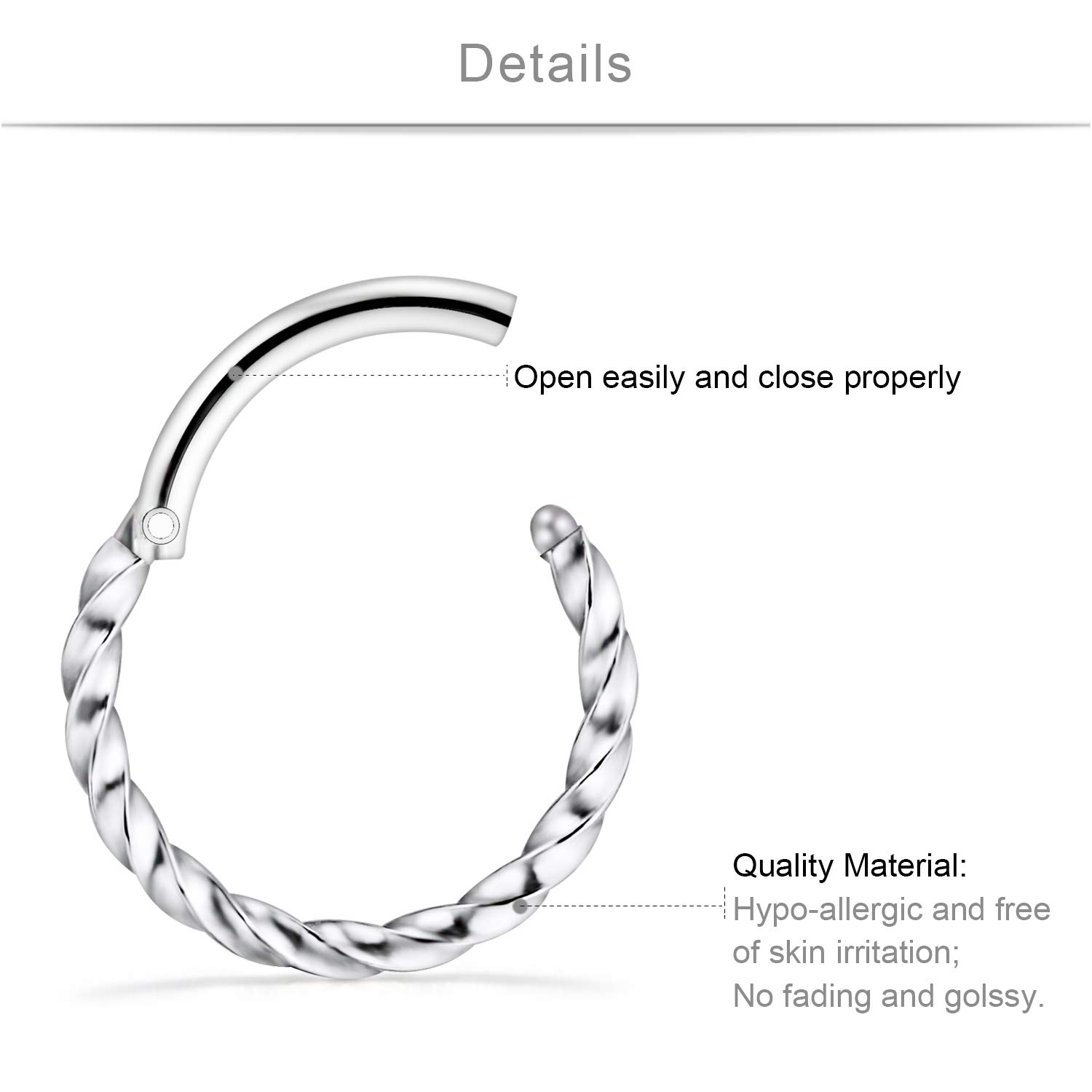 SCERRING 3PCS 16G Stainless Steel Hinged Clicker Segment Septum Nose Lip Ring Hoop Cartilage Tragus Sleeper Earrings Body Piercing Jewelry Braided 10mm Mix Color