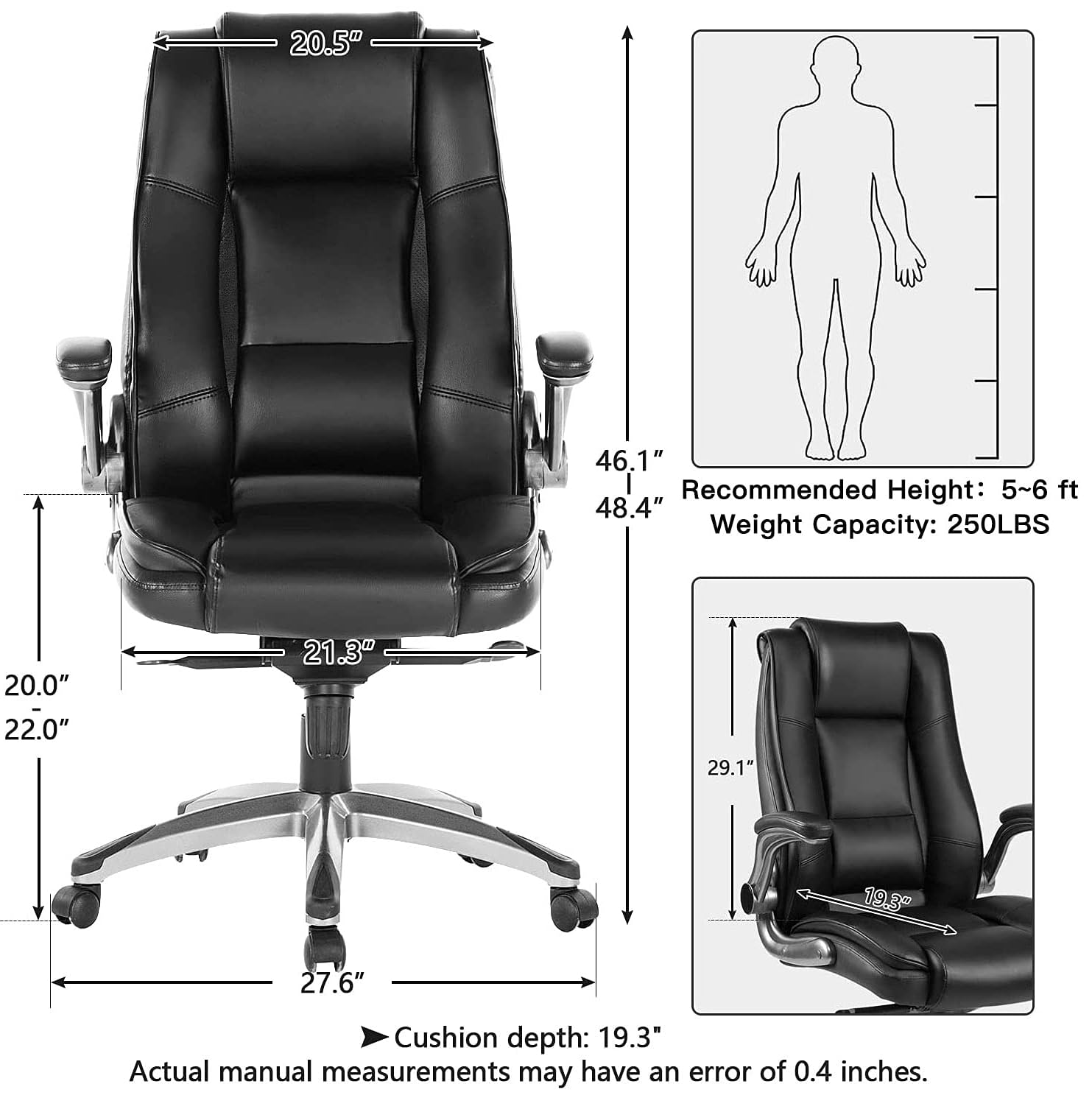 REFICCER Bonded Leather Office Chair - Adjustable Built-in Lumbar Support and Tilt Angle High Back Executive Computer Desk Chair for Office Workers & Students (Black)
