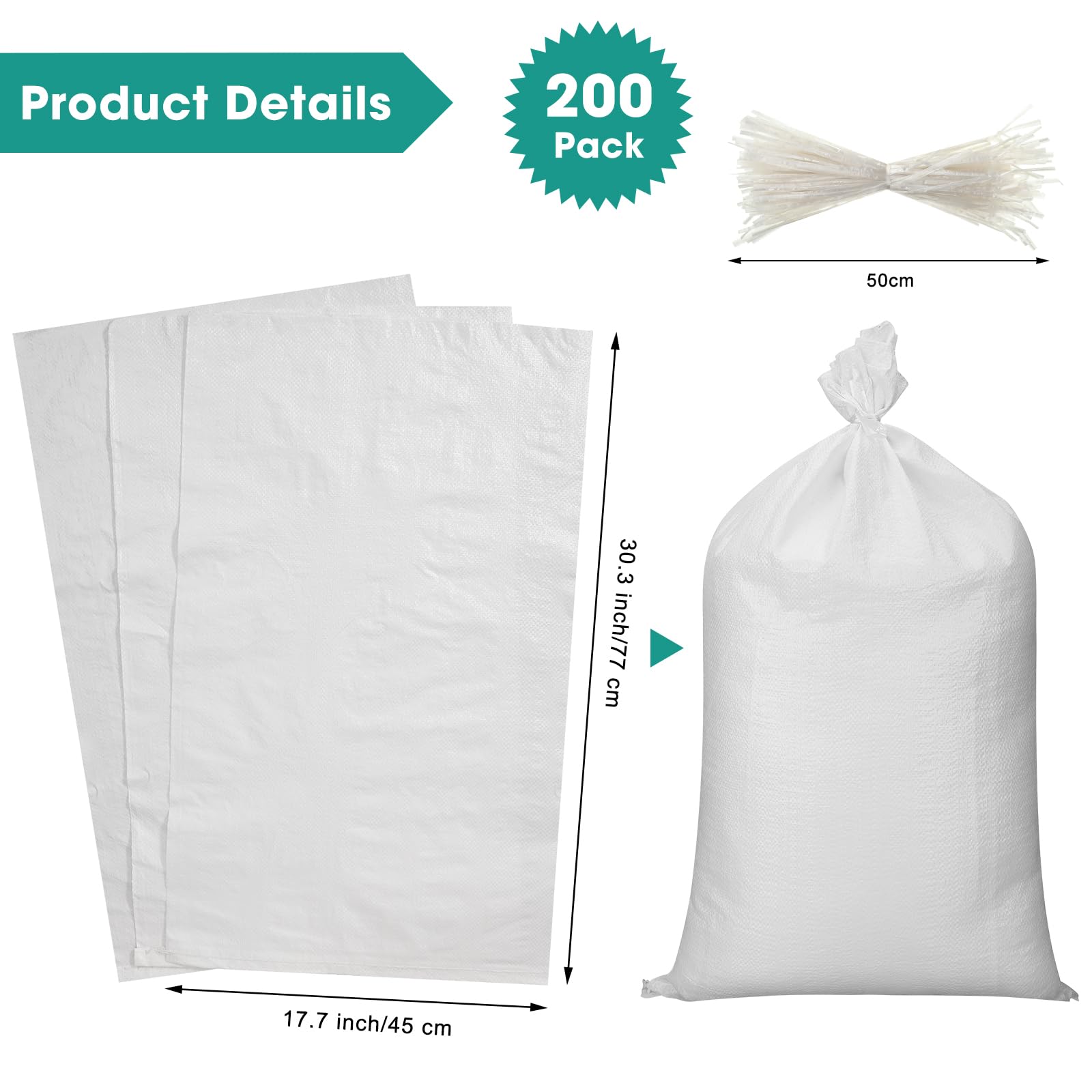 Windyun 200 Pcs White Empty Sandbags with Ties 18 x 30 Inch White Woven Polypropylene Sandbags Bulk, Heavy Duty Sandbags Flood Water Barrier for Hurricane Flooding, Construction