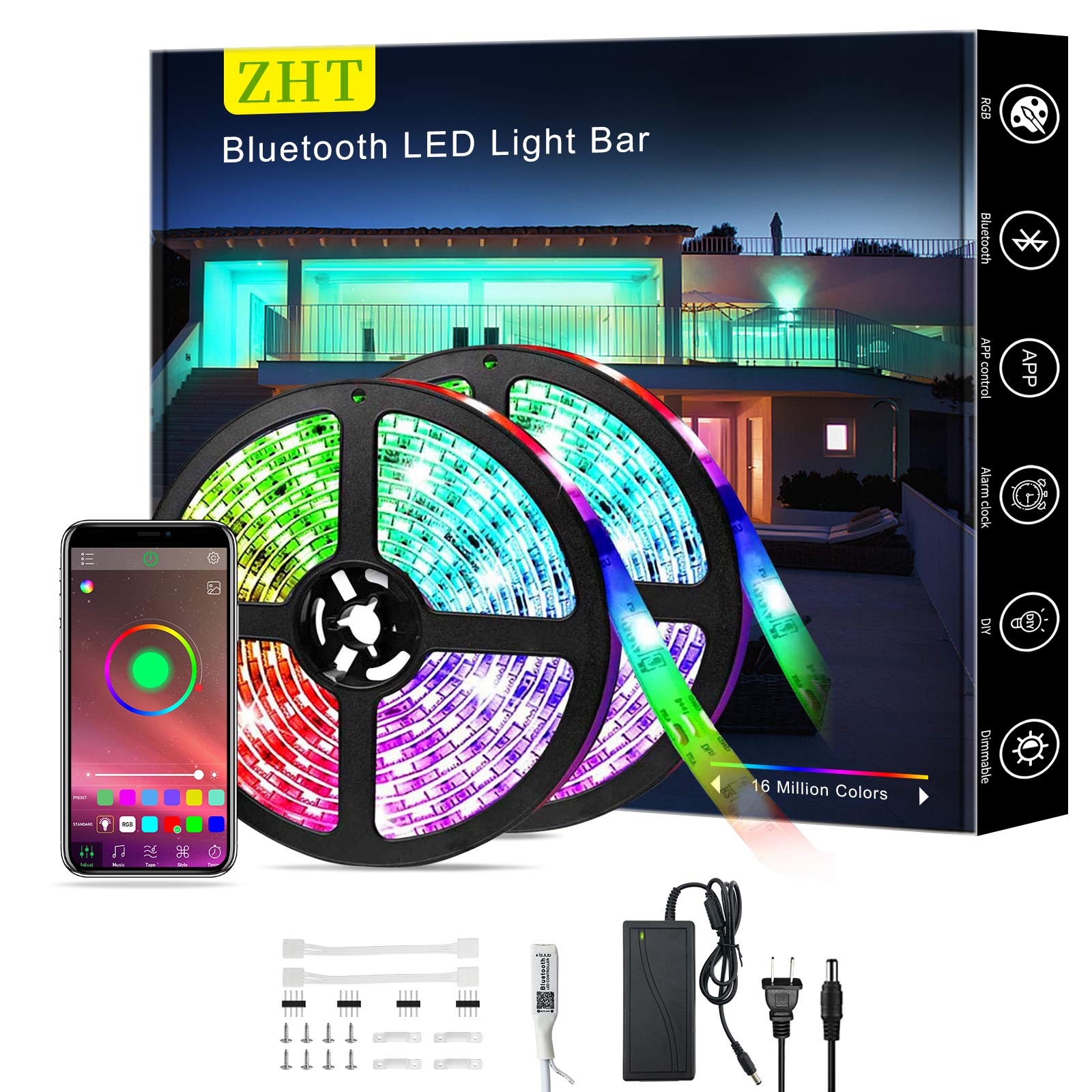 ZHT Bluetooth LED Strip Lights 32.8ft/10M App Control, Sync with Music RGB Color Changing Strip Light for Bedroom Ceiling Kitchen & TV, Rope Light 300pcs Led Waterproof IPX65, Safety Use.