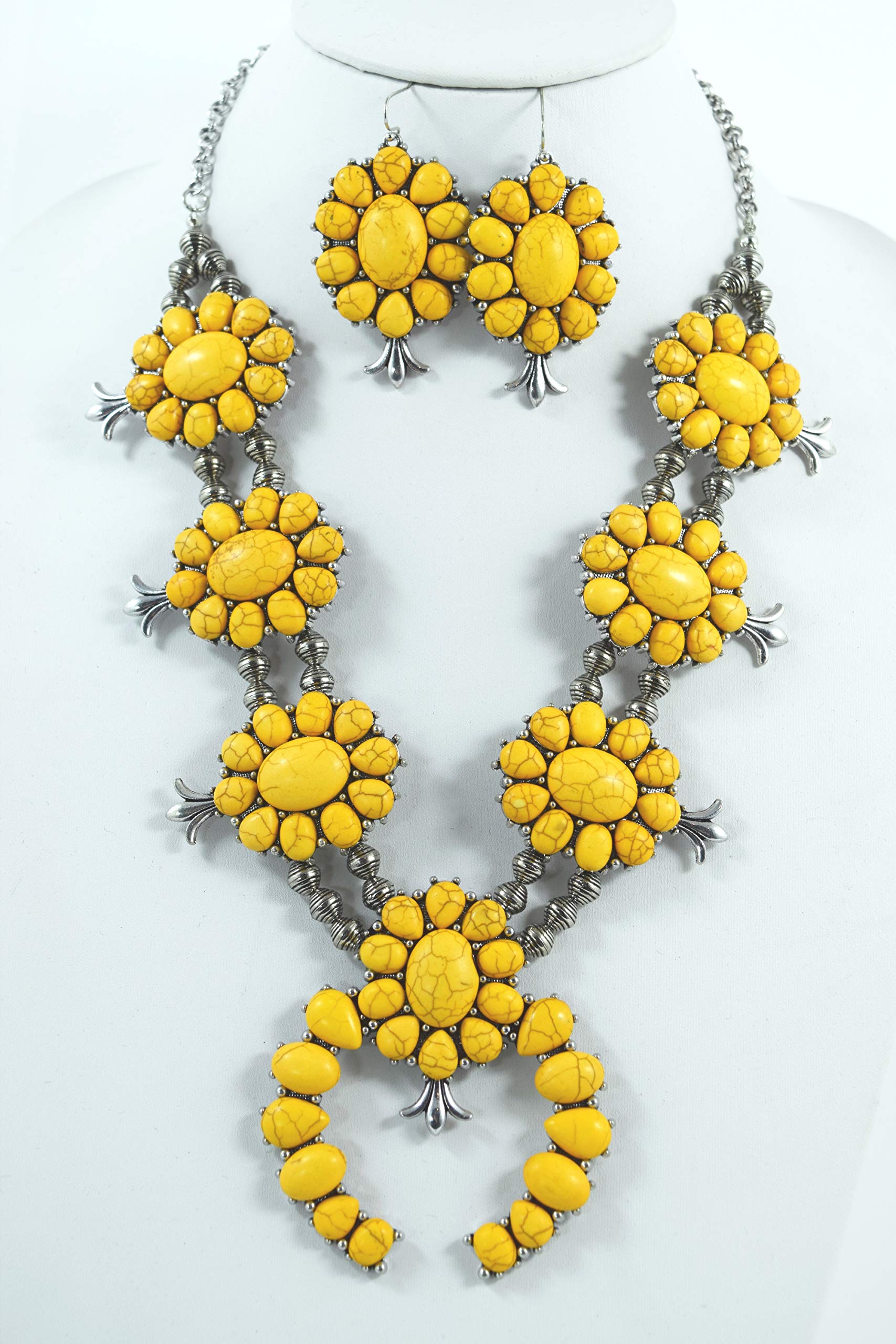 tipi Southwestern Faux Turquoise Squash Blossom Statement Necklace & Earrings Set (Yellow)