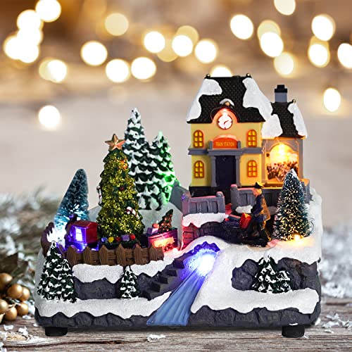 Skyant Christmas Village Houses with LED Lights, Train Spinning Under The Christmas Tree, Fiber Optic River, Realistic Christmas Scene,Music Rendering Atmosphere