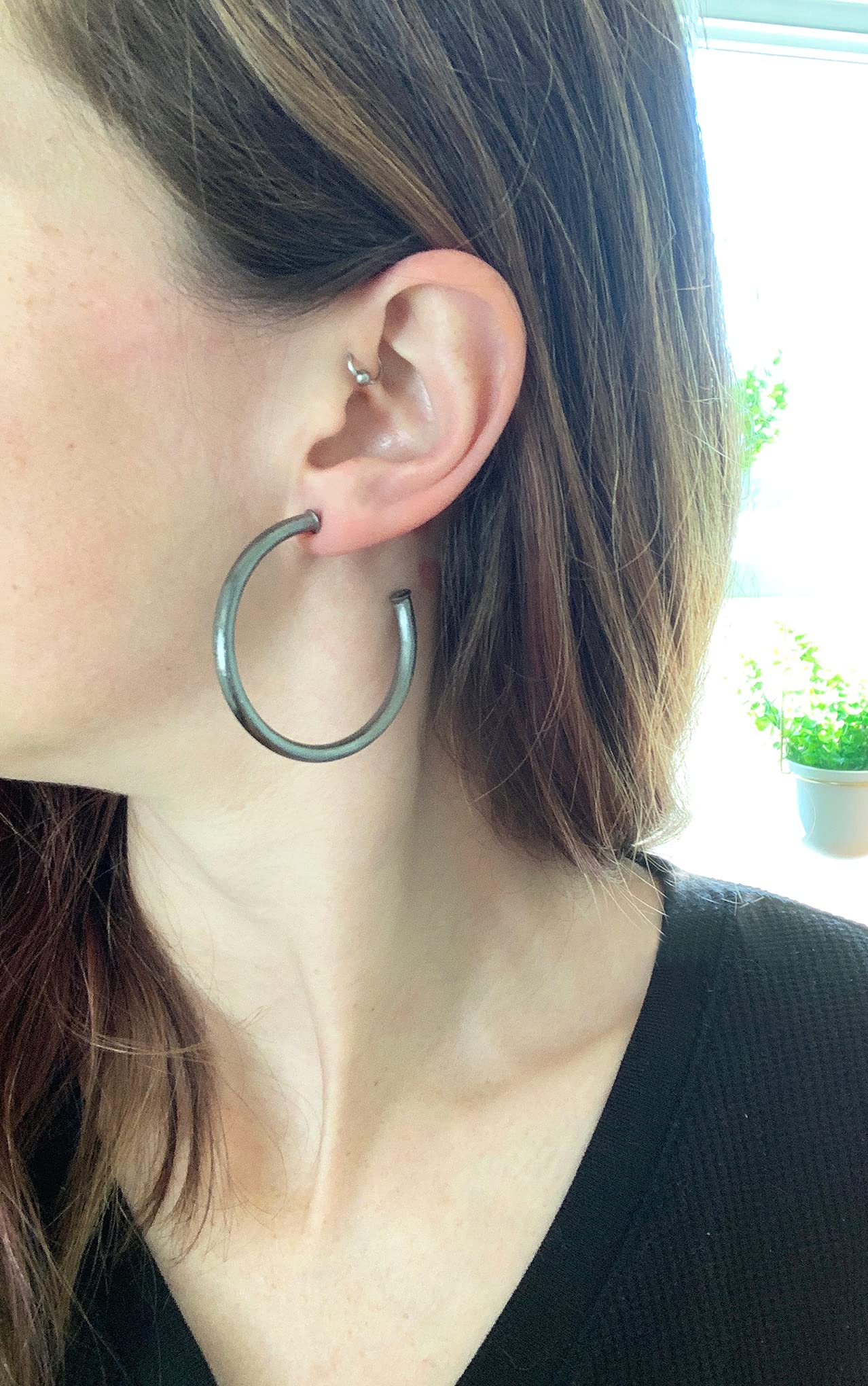 Sheila Fajl Small Everybody's Favorite 2 Inch Tubular Lightweight Womens Hoop Earrings in Brushed Gunmetal Silver Plated