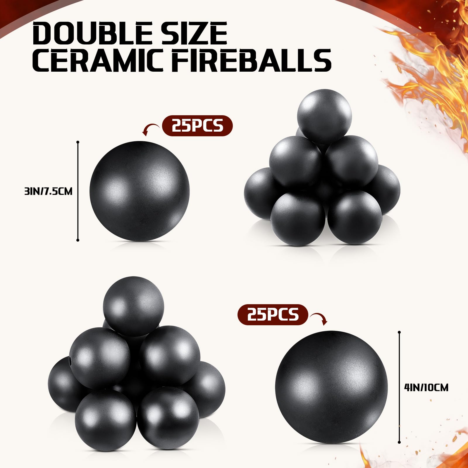 Suzile 50 Pcs Fire Ceramic Balls Bulk 3 Inch and 4 Inch Double Size Round Ceramic Fire Stones Rock Set for Indoor and Outdoor Fire Pit Fire Bowl Fireplaces Accessory, 2 Sizes, Black