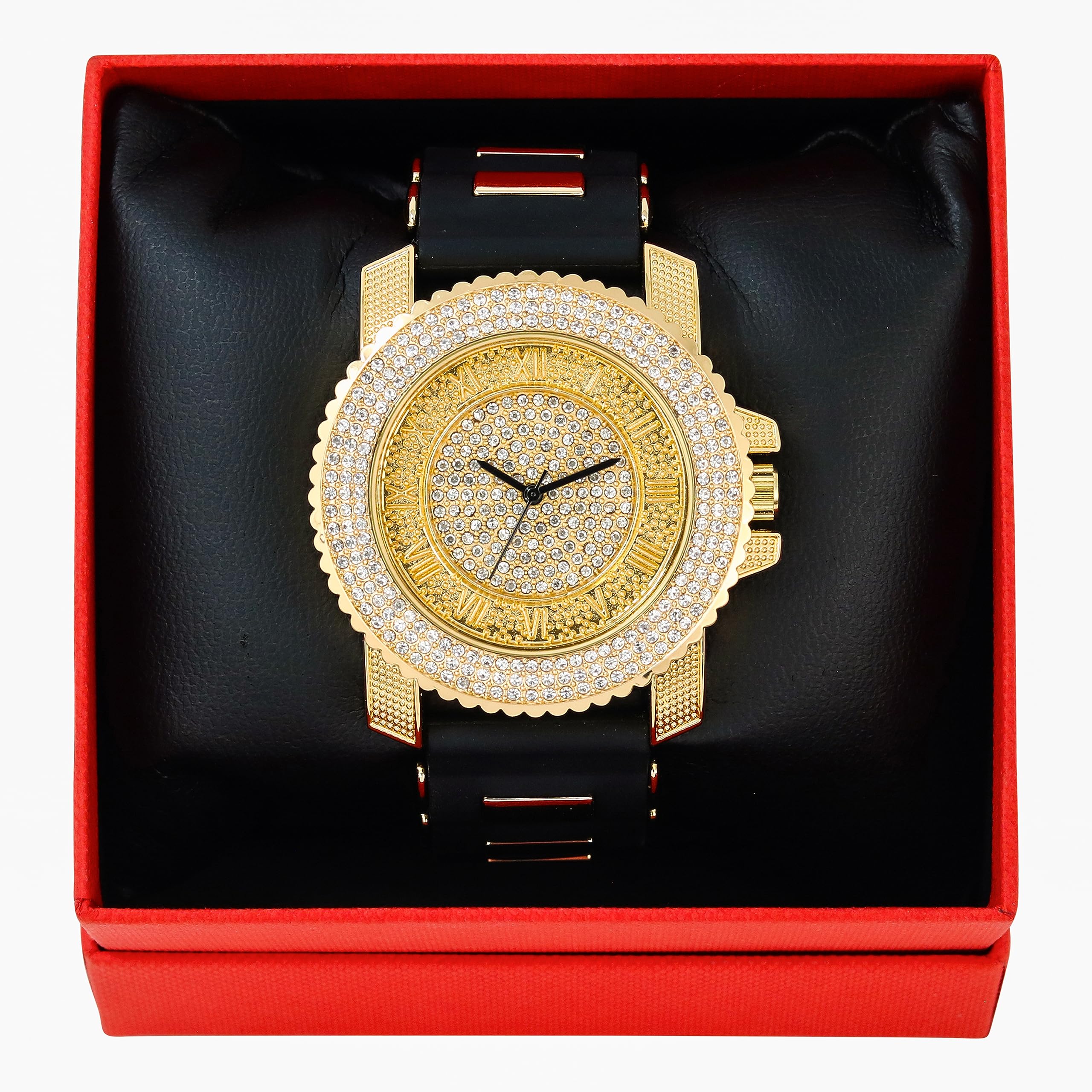 Techno Pave Men's 45mm Iced Out Roman Dial Watch with Silicone Band - Gold Dial