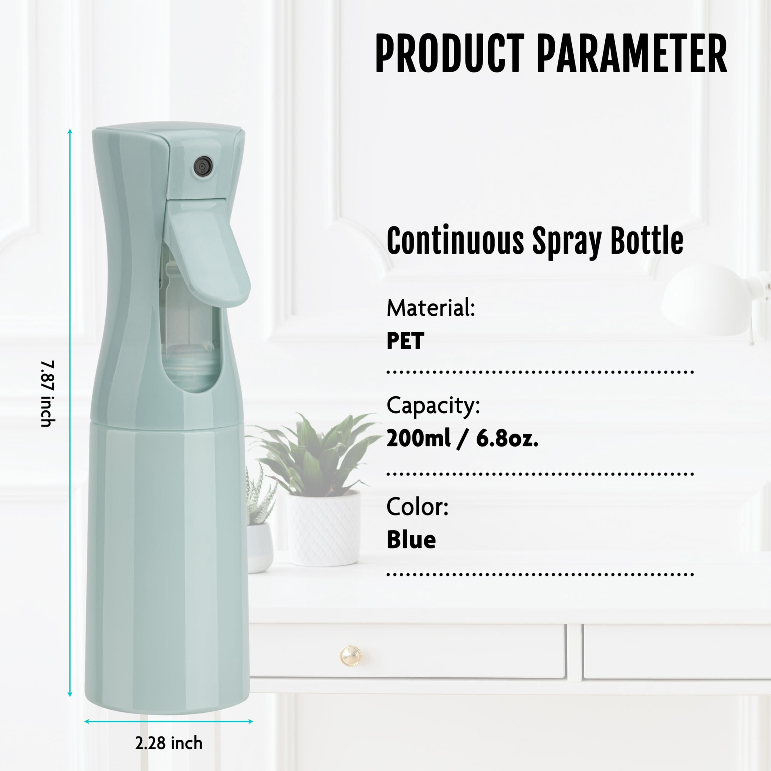 TOOLINKIN Continuous Spray Bottle with Empty Ultra Fine Plastic Water Mist, Versatile Water Sprayer for Salons, Hairstyling, Plants, Skin Care, Cleaning & More, Hair Spray Bottle (6.8 OZ/Blue)