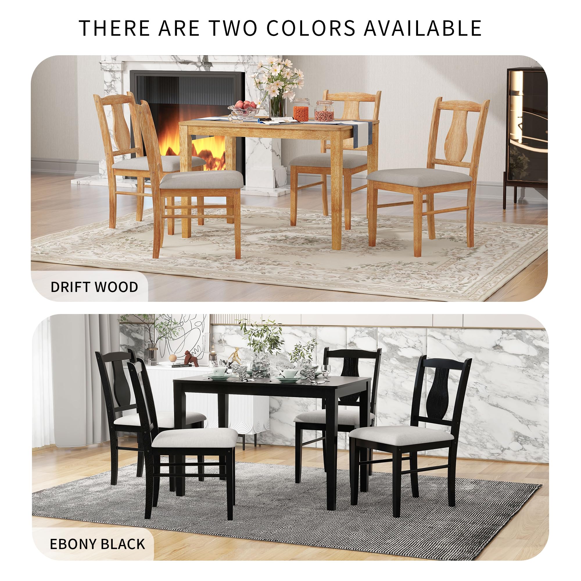 SIYSNKSI 5-Piece Farmhouse Kitchen Dining Table Set, Wooden Rectangular Dining Table with 4 Upholstered Chairs, Kitchen Furniture Set for Dining Room (Natural Wood 077)