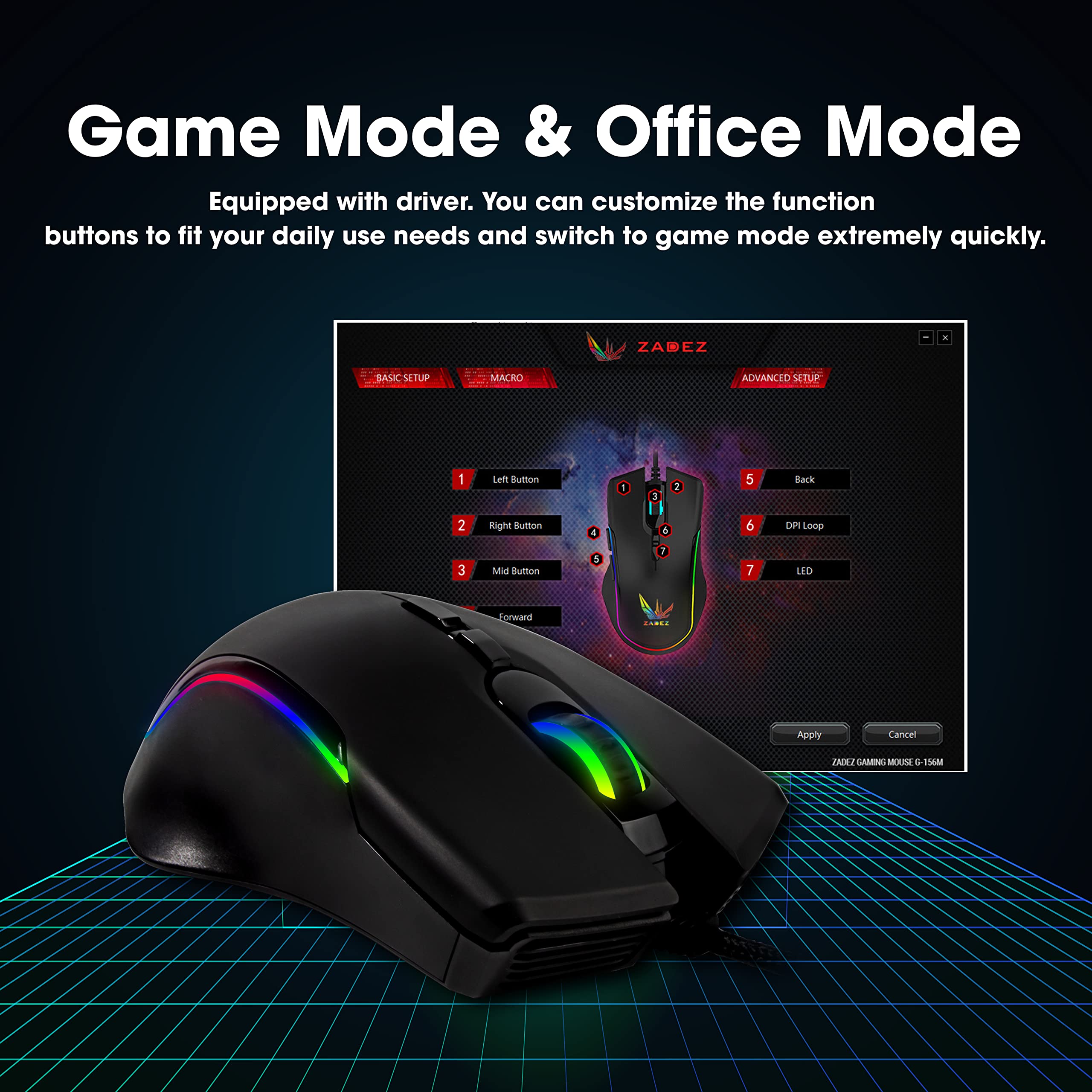 ZADEZ Gaming Mouse G-156M Wired Gaming Mouse for Gamer - Silicone Rubber on Both Sides - 11 Modes of Lighting Effects - Durability of Buttons up to 20 Million clicks - 7200 DPI for PC Laptop