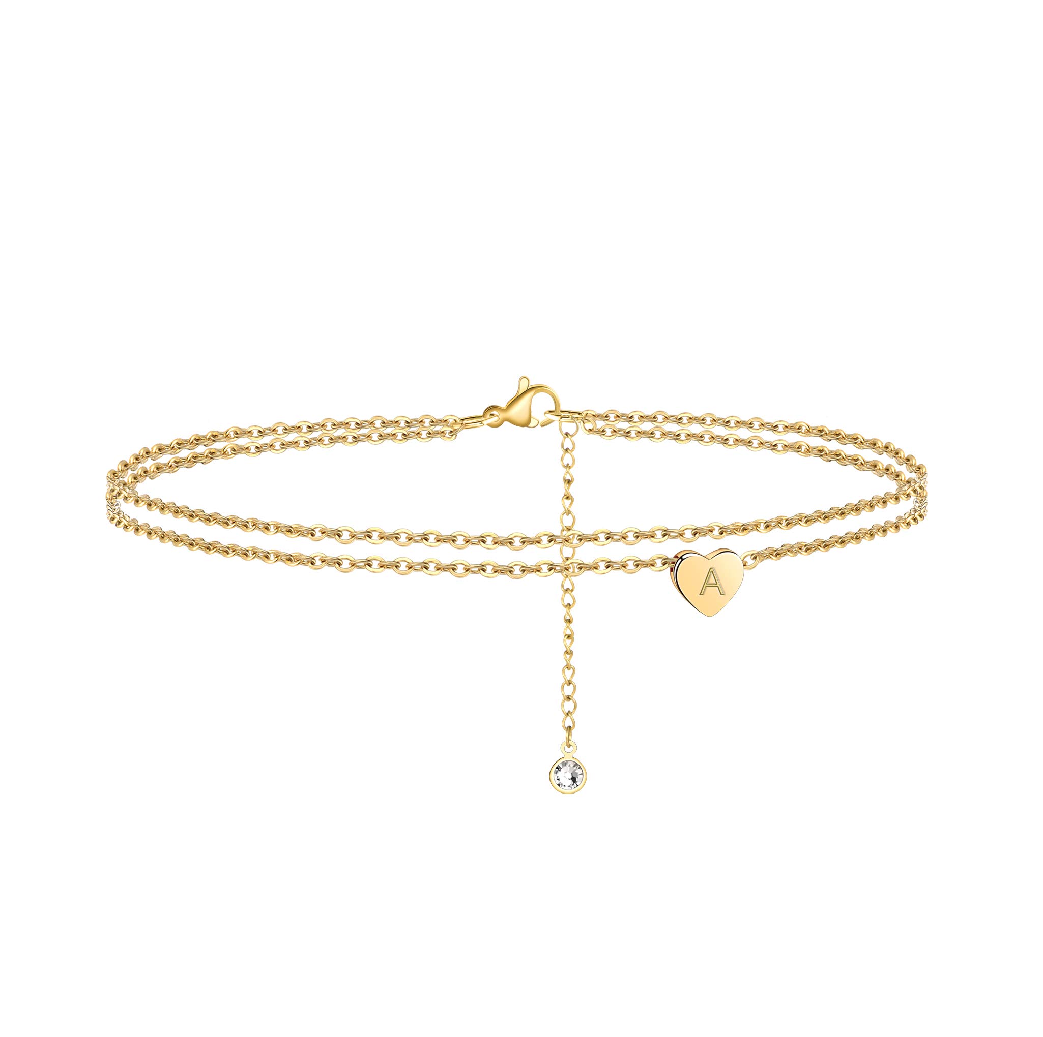 Turandoss Heart Initial Anklet Bracelet for Women, 14K Gold Filled Layered Ankle Bracelet Summer Boho Beach Minimalist Initial Anklet for Women Anklet With Initials A