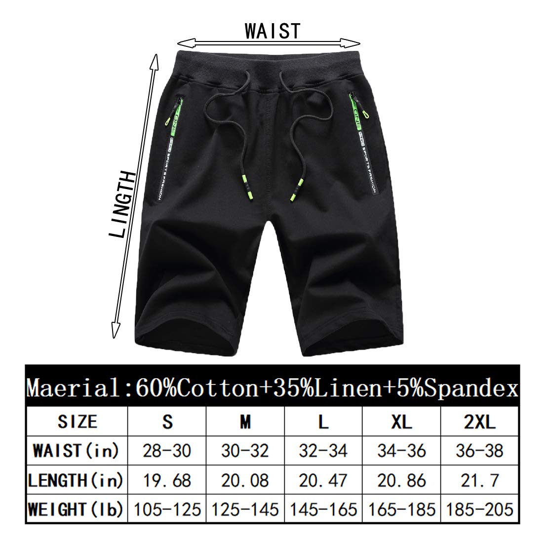 Tansozer Men's Casual Shorts Elastic Waist Comfy Workout Shorts Drawstring Summer Jogger Shorts with Zipper Pockets (Black, Large)