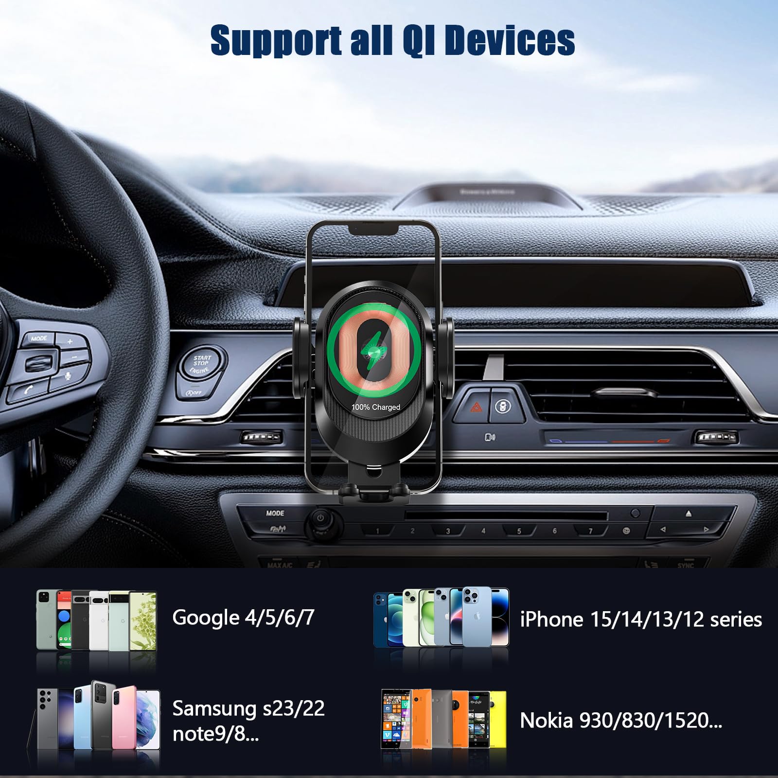 Wireless Car Charger, 15W Qi Fast Charging Auto Clamping Car Charger Phone Holder Mount, Touch Control Air Vent Cell Phone Holder for iPhone 15/14/13, Samsung S23/S22, Pixel 7,etc