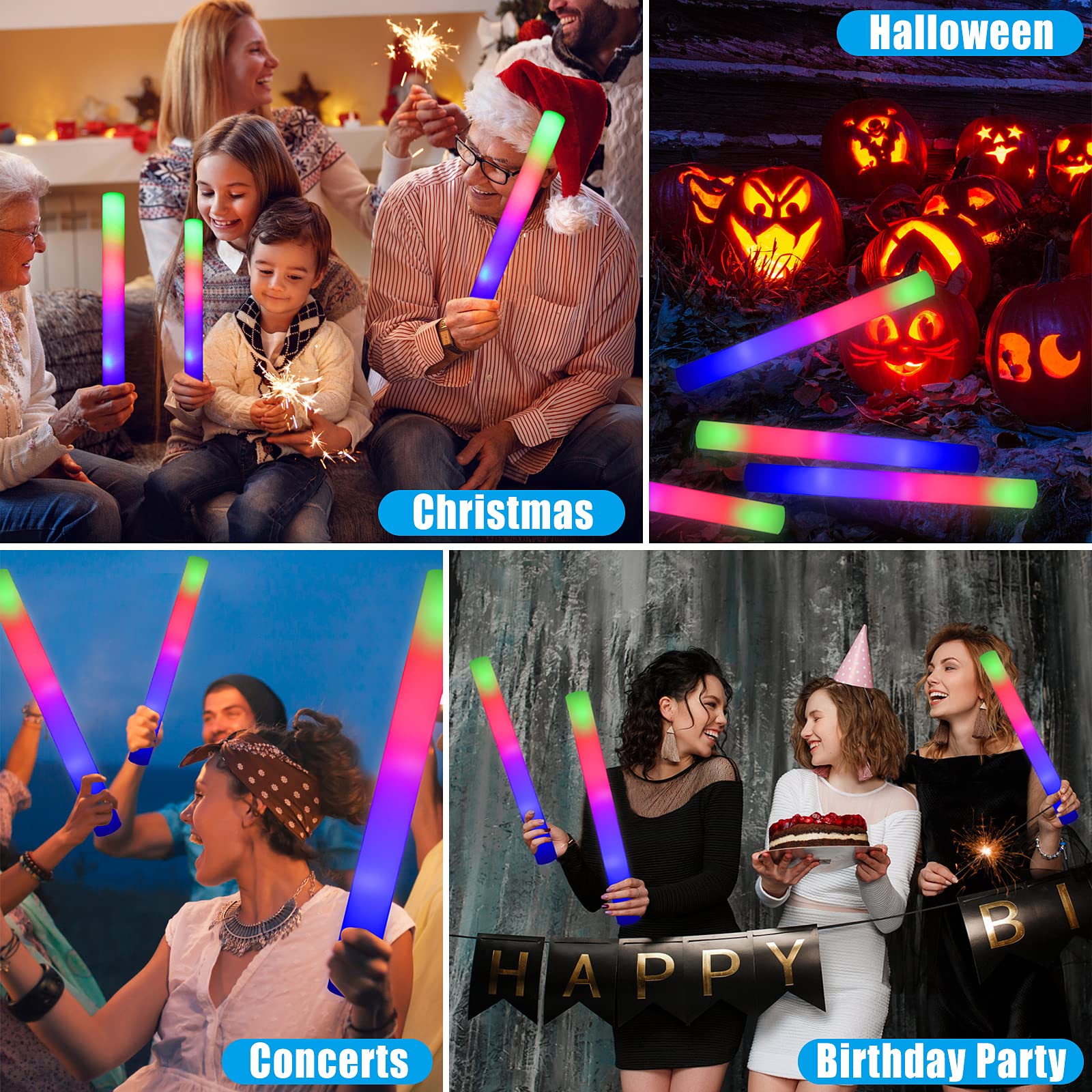 SEEROOTOYS 24pcs Light up Foam Sticks,LED Foam Sticks Wedding Favors Glow Batons with 3 Modes Flashing Effect for Party, Concert,Halloween Party