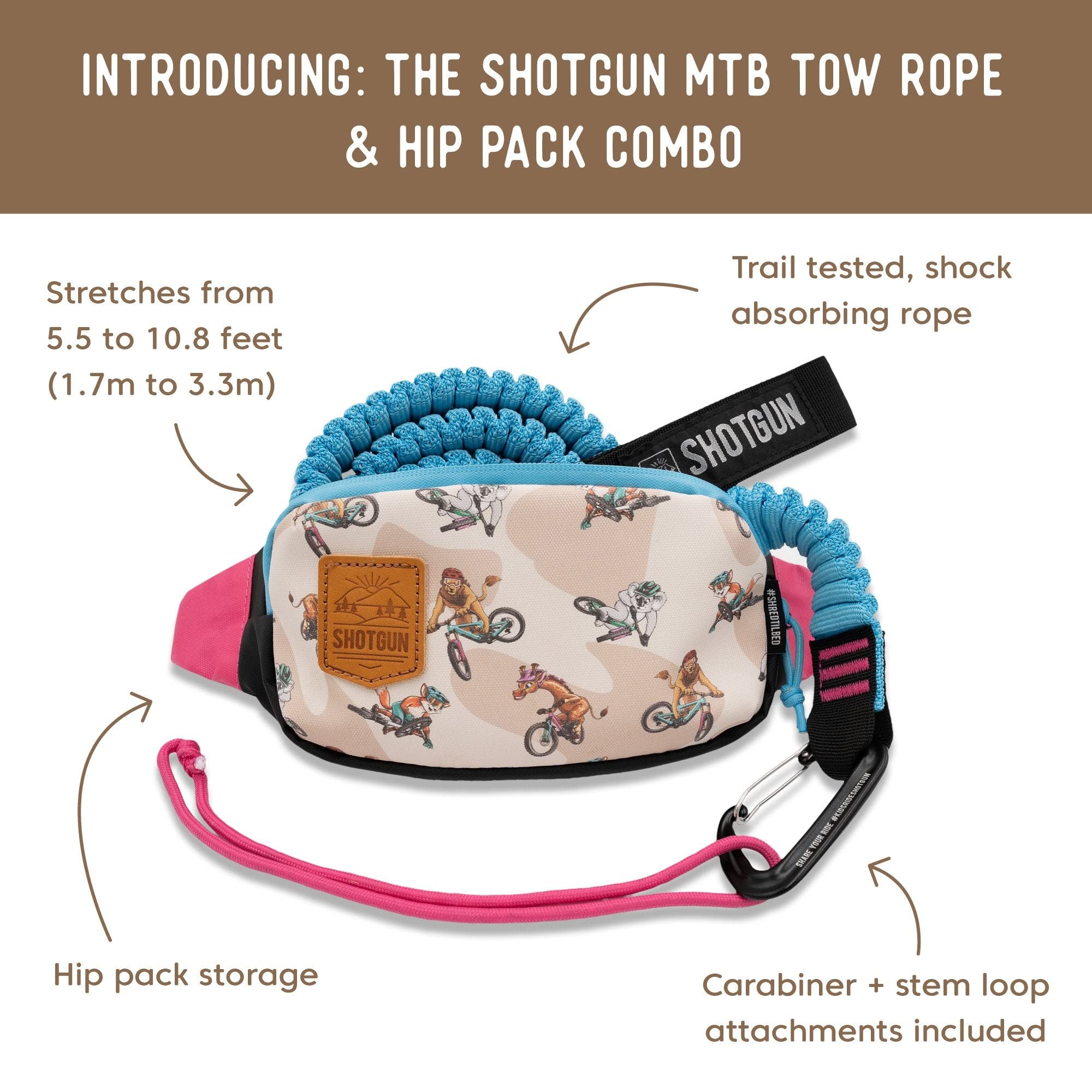 SHOTGUN Kids Ride MTB Tow Rope + Child Hip Pack Combo | Child Bike Stretch Bungee Cord Pull Behind Attachment - Hip Pack Combo