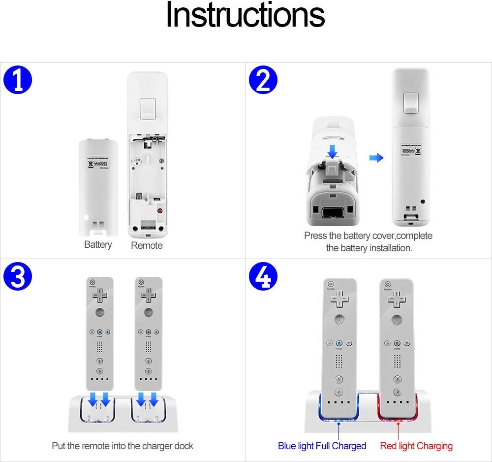 Wii Charging Station, Dual Charger Dock with Two Rechargeable 2800mAH Batteries for Wii Remote Controller(White)