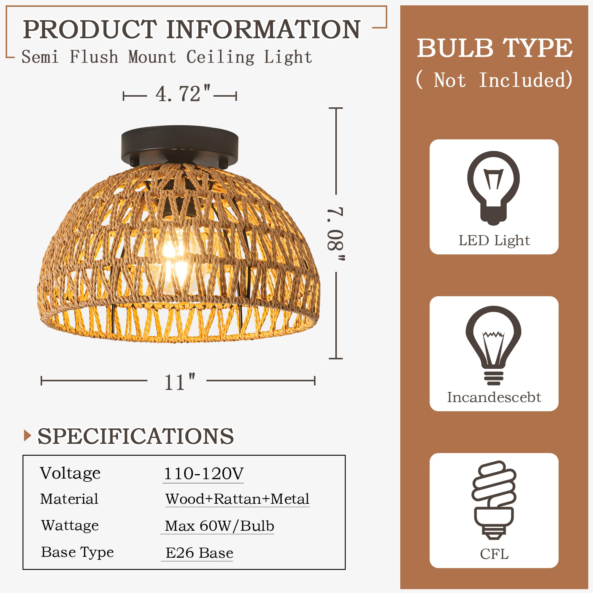 SYTPPLAN Rattan Light Fixtures Ceiling Light, Handmade Woven Cage Boho Light Fixture 11" Semi Flush Mount Light Fixture Coastal Ceiling Light for Hallway Kitchen Entryway Farmhouse Living Room