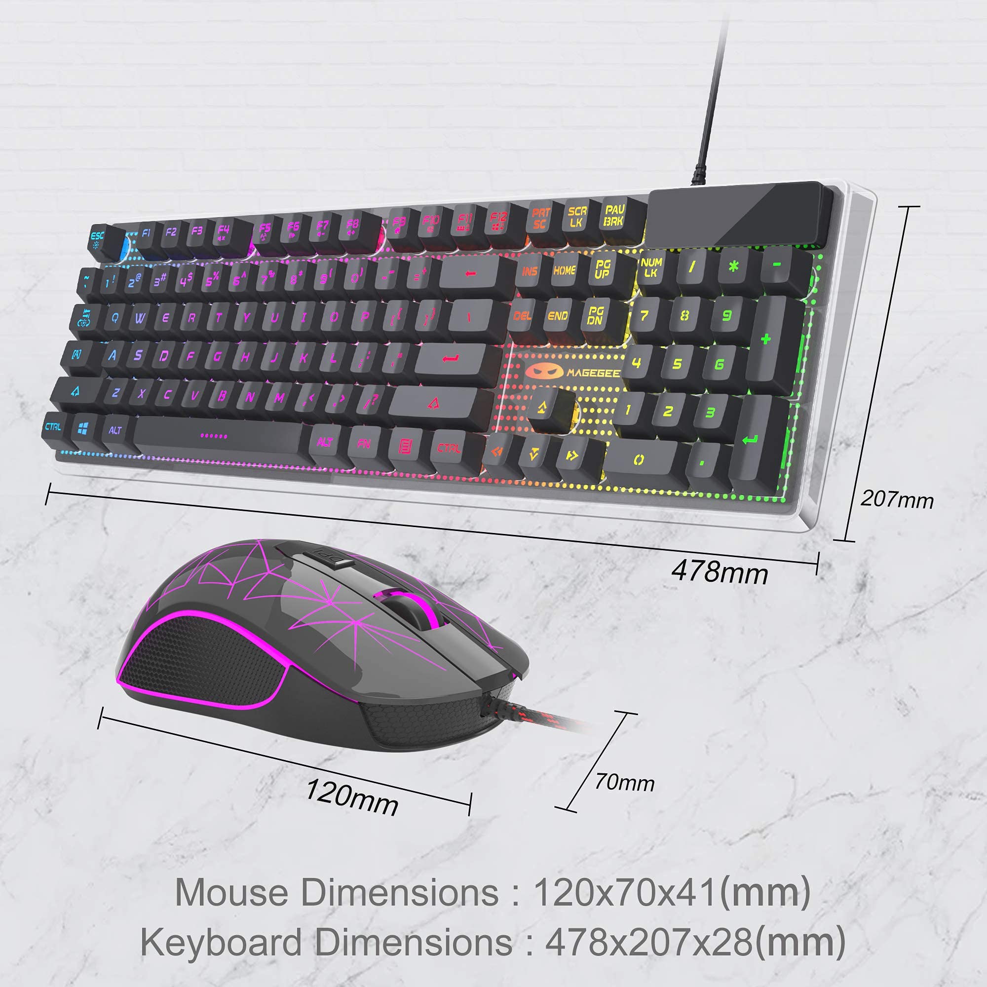 Wired Gaming Keyboard and Mouse Combo, LED Rainbow Backlit 104 Keys Gaming Keyboard with Crystal Cover, 7 Color Backlit Gaming Mouse 3200 for PC Computer Desktop (Black)