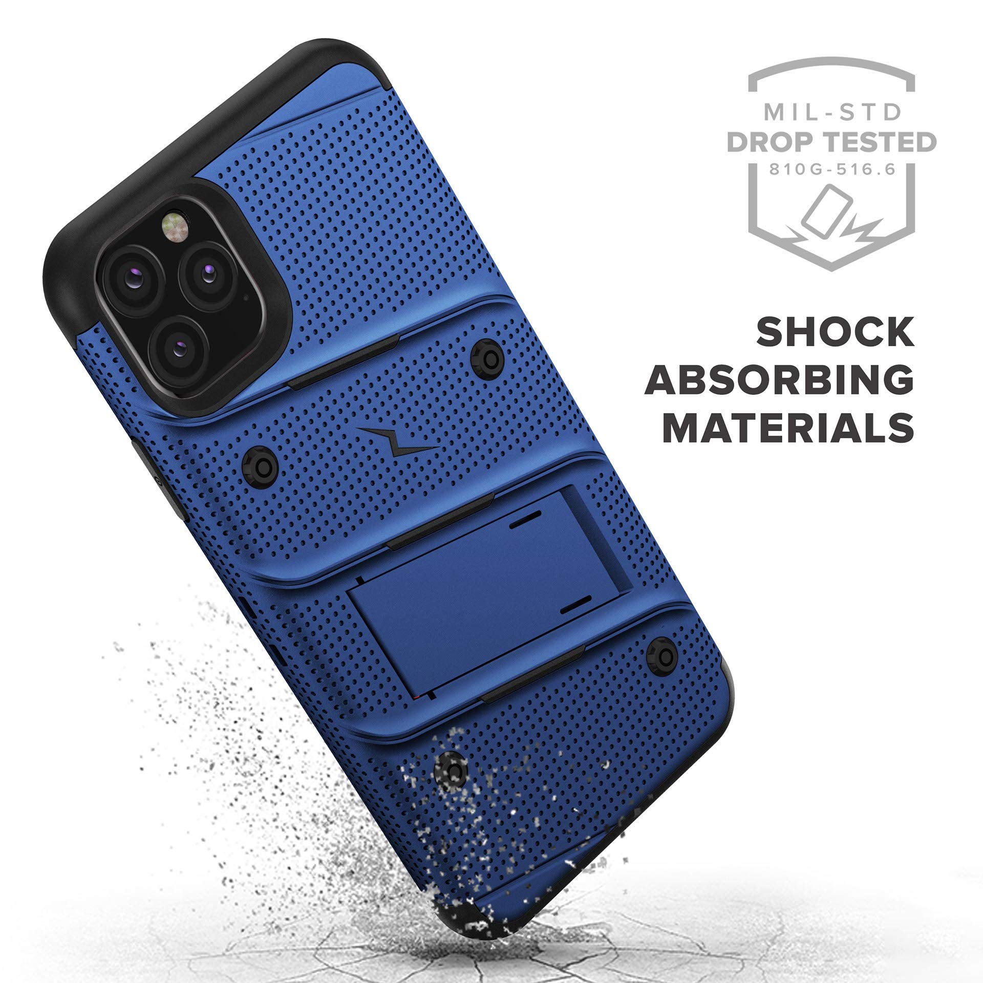 ZIZO Bolt Series iPhone 11 Pro Max Case - Heavy-Duty Military-Grade Drop Protection w/Kickstand Included Belt Clip Holster Tempered Glass Lanyard - Blue