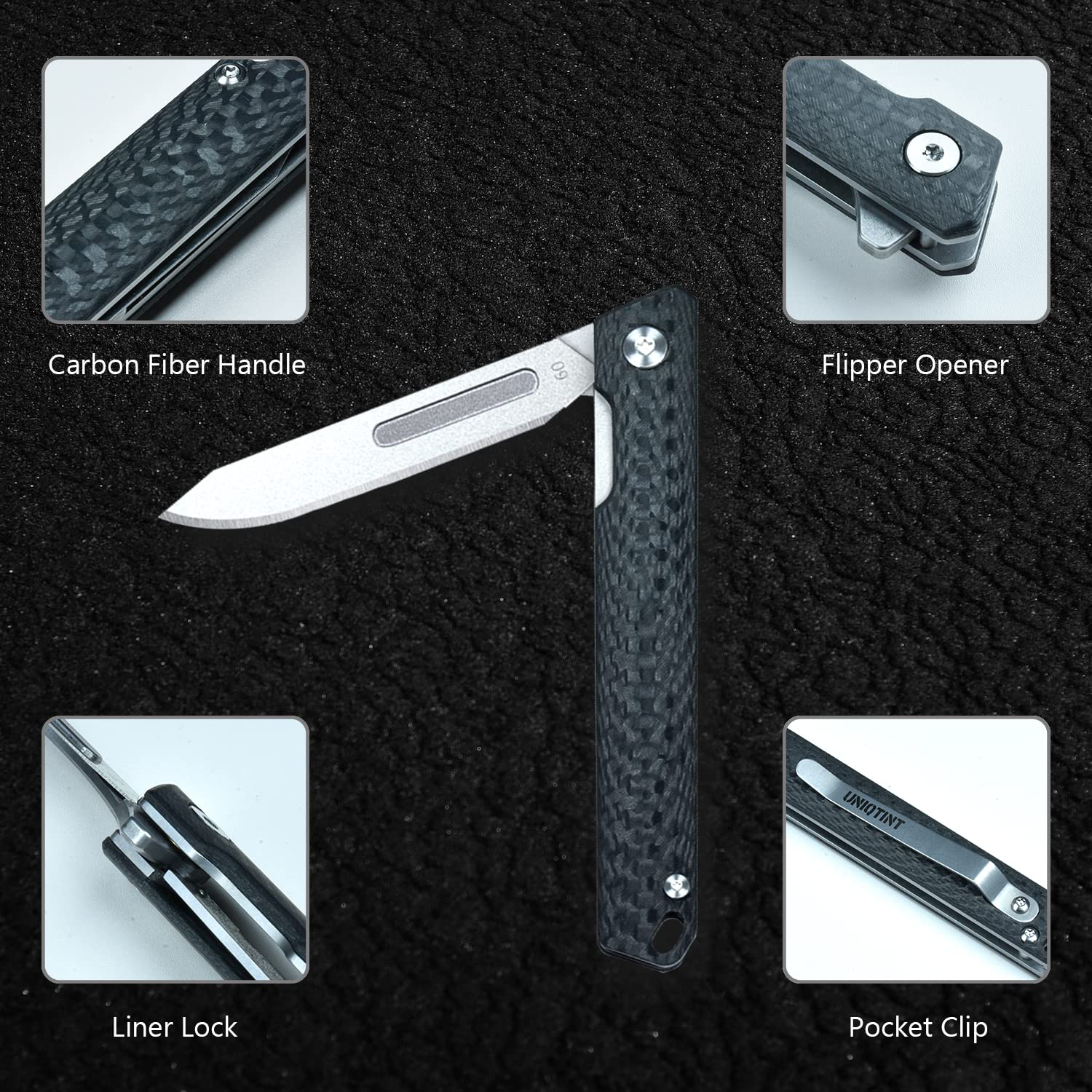 UNIQTINT Carbon Fiber Handle Folding Pocket Knife, Slim Flipper EDC Knife with 10pcs #60 Replaceable Blade, Artwork Knife with Liner Lock and Pocket Clip, 1.35oz Lightweight