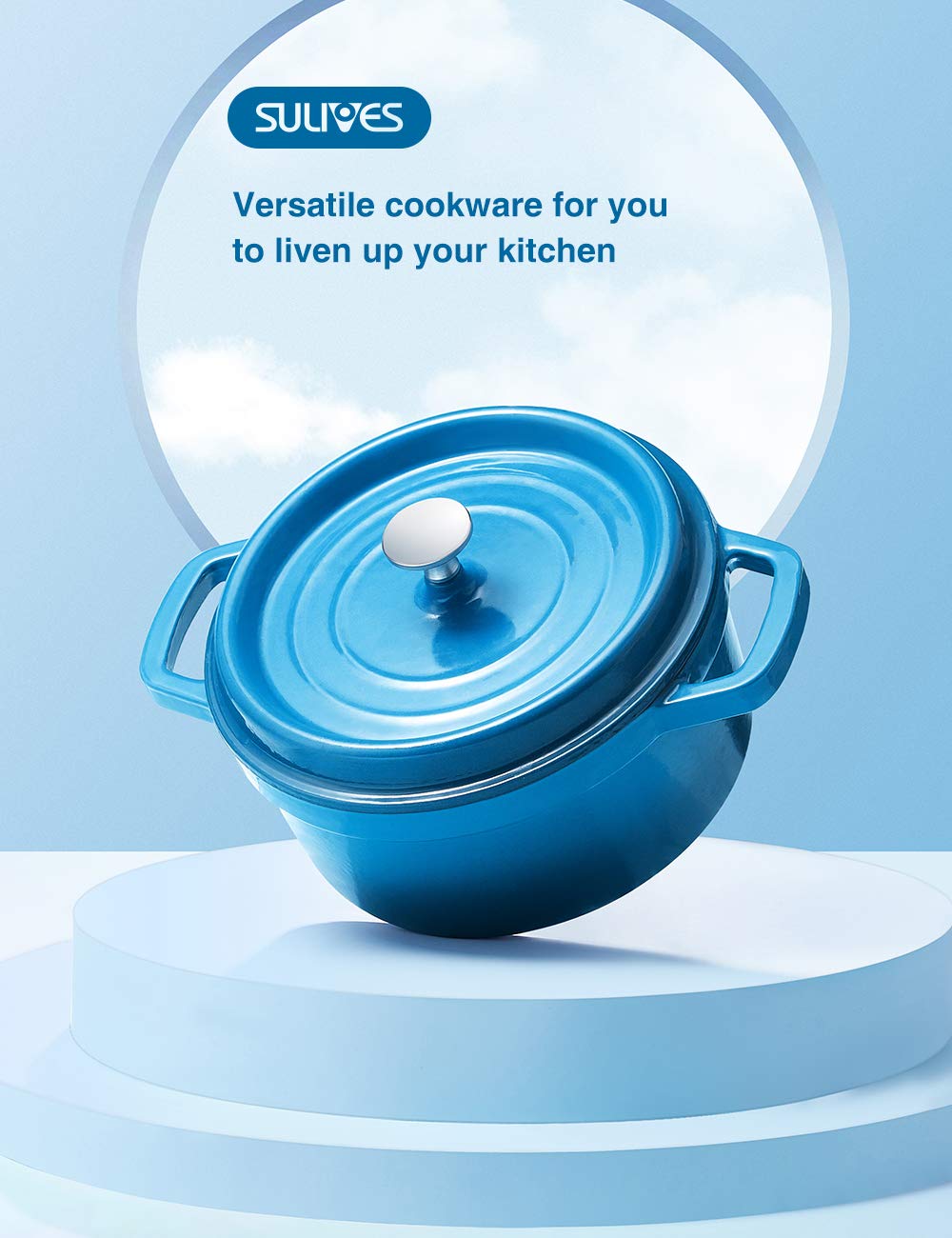SULIVES Enameled Cast Iron Dutch Oven Non-Stick Bread Baking Pot with Lid Suitable for Bread Baking Use on Gas Electric Oven 5 Quart, Peacock Blue