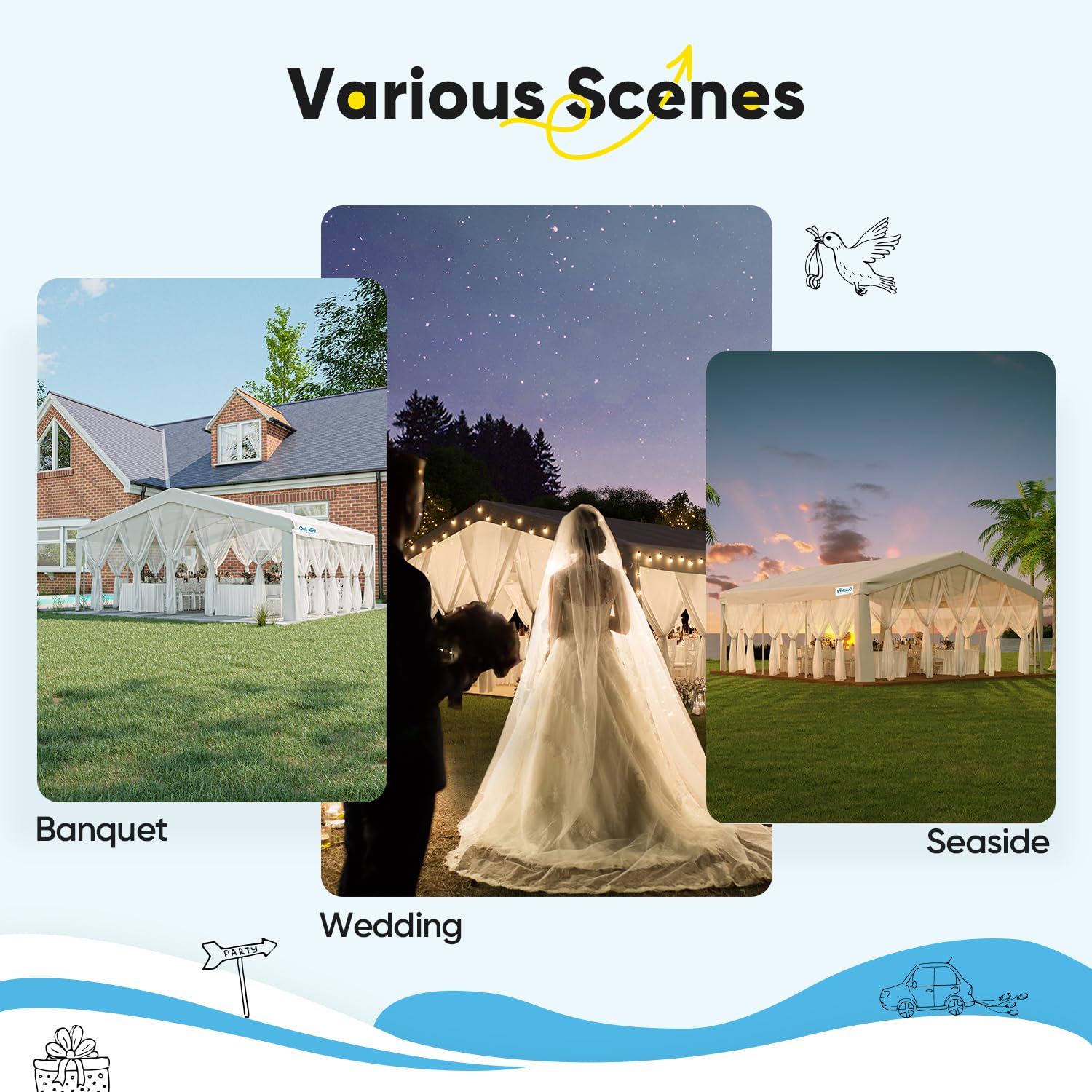 Quictent 20x20 Party Tent White Draping Mesh Side Chiffon Wedding Tent Canopy Outdoor Screen Heavy Duty Upgrade Event Shelter with Netting Gazebo All Classic Style Washable Sides