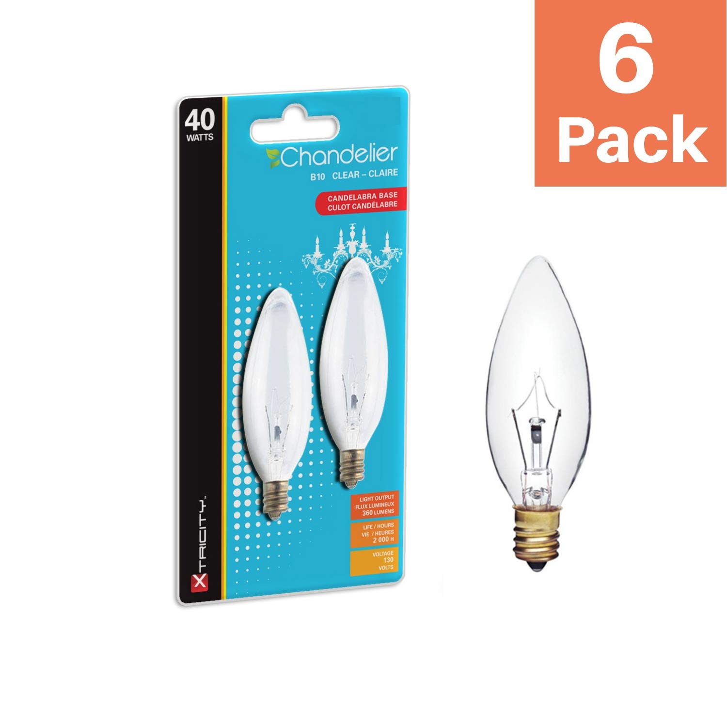 Xtricity 40W B10 Incandescent Clear Chandelier Light Bulb, Torpedo Tip, E12 Candelabra Base, 360 Lumens, Dimmable, 130V, (6 Pack)