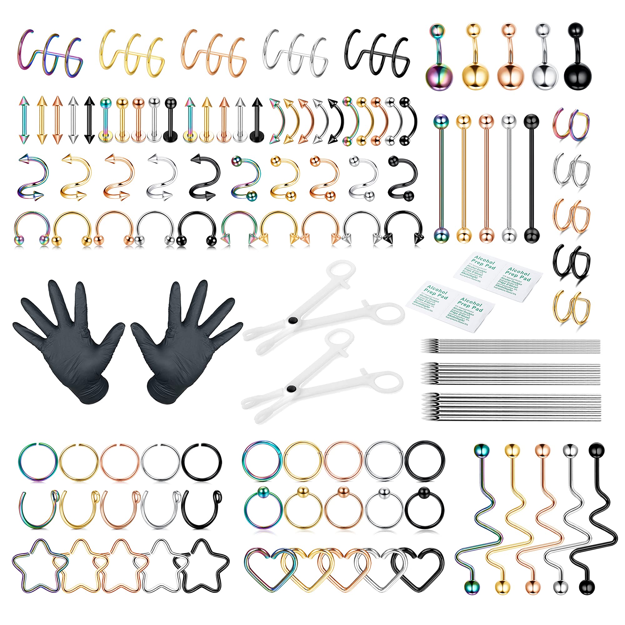 UBGICIG 123PCS Professional Piercing Kit 14G 16G 20G Stainless Steel Nose Ring Hoop Septum Eyebrow Lip Belly Button Ring Ear Studs Cartilage Tragus Helix Earrings Professional Body Piercing Tool
