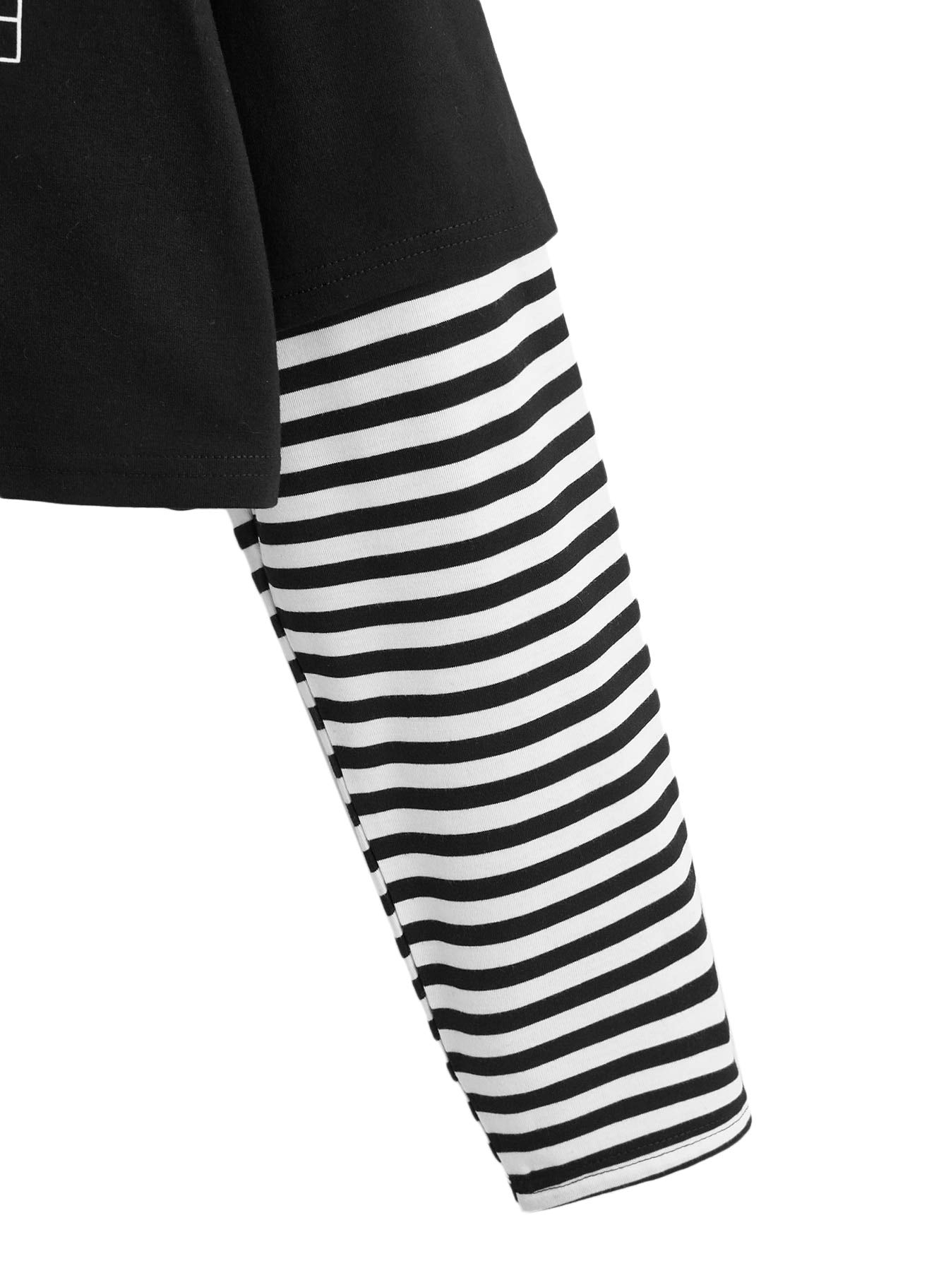 SweatyRocks Women's Color Block Butterfly Print Striped Long Sleeve Crop Top T Shirt Graphic Black White M