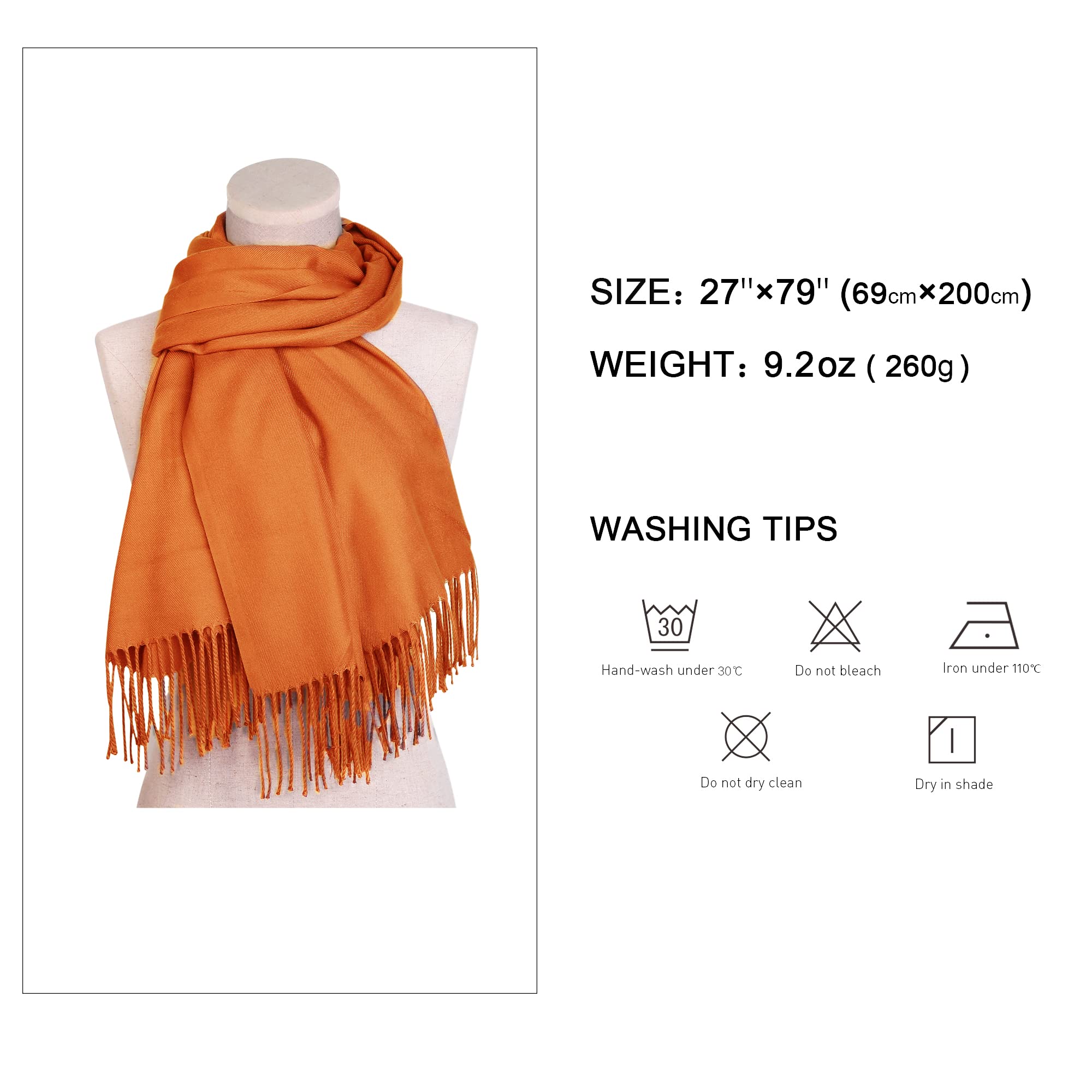 SOJOS Womens Large Soft Cashmere Feel Pashmina Shawls Wraps Winter Scarf SC304 with Orange