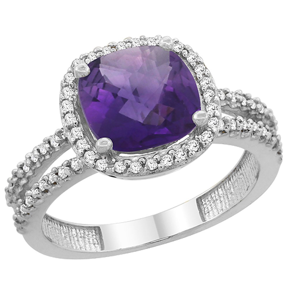 PIERA 14K White Gold Natural Amethyst Ring Cushion-cut 8x8 mm 2-row Diamond Accents, size 7