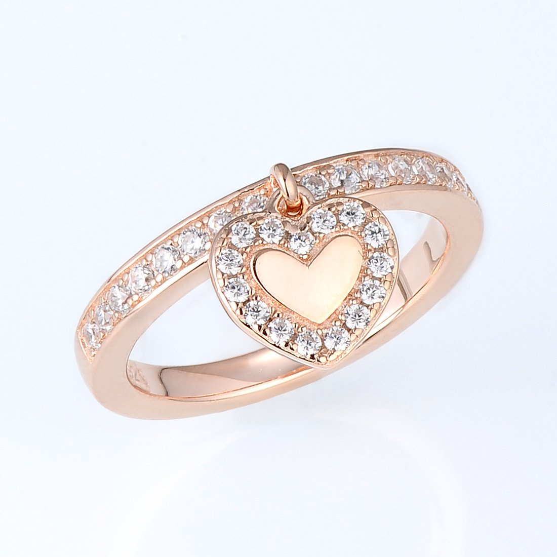 Santuzza 925 Sterling Silver Dangle Heart Ring White Cubic Zirconia Jewelry for Women (6, Rose Gold Plated)