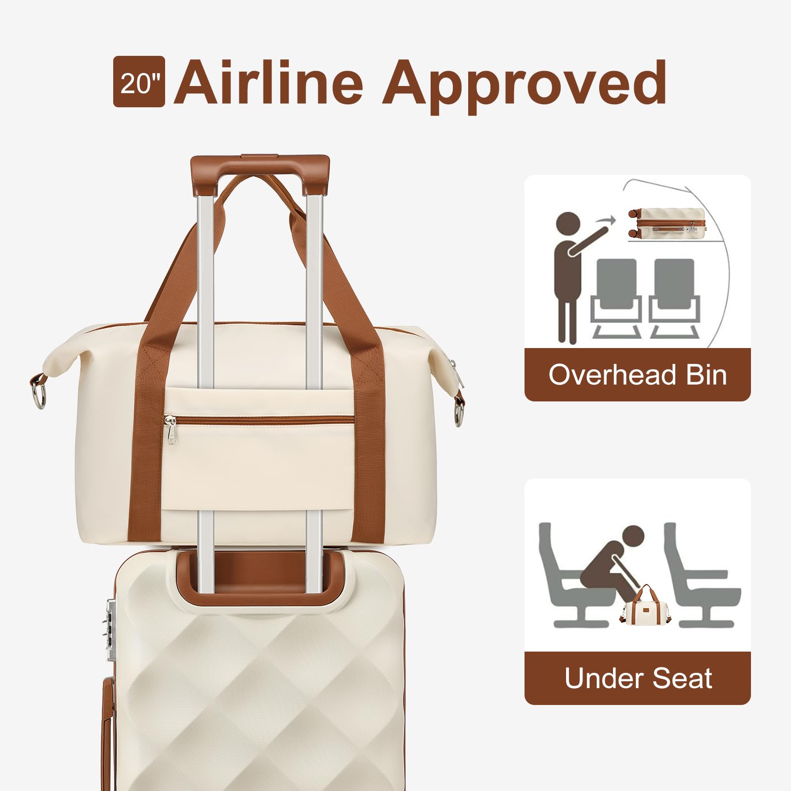 Somago 20 inch Carry On Luggage with Weekender Overnight Bag ABS Hardside Spinner Suitcase Built-In TSA Lock YKK Zipper,Beige