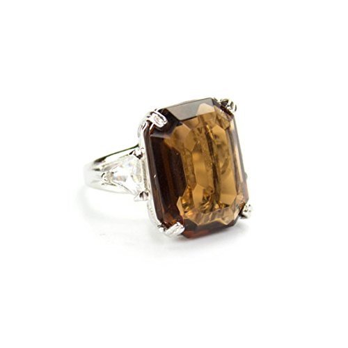 Providence Vintage Jewelry Cocktail Ring Smoky Topaz and Clear Austrian Crystals Rhodium Plated