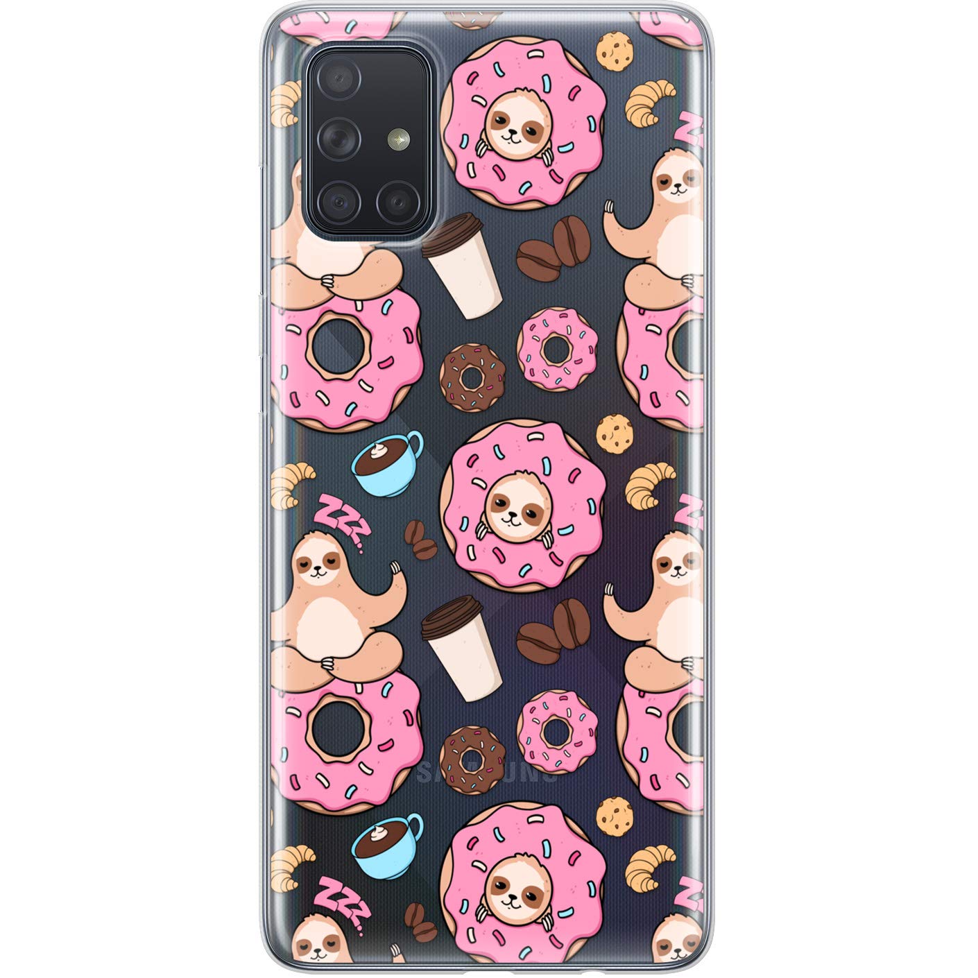 Slim TPU Phone Case Compatible with Samsung Galaxy A72 A71 5G A70 A51 A32 A21 A11 A12 A01 Flexible Yoga Clear Cover Sloth Pink Donut Animal Cute Silicone Kawaii Durable Coffee Soft, Sloth Donut