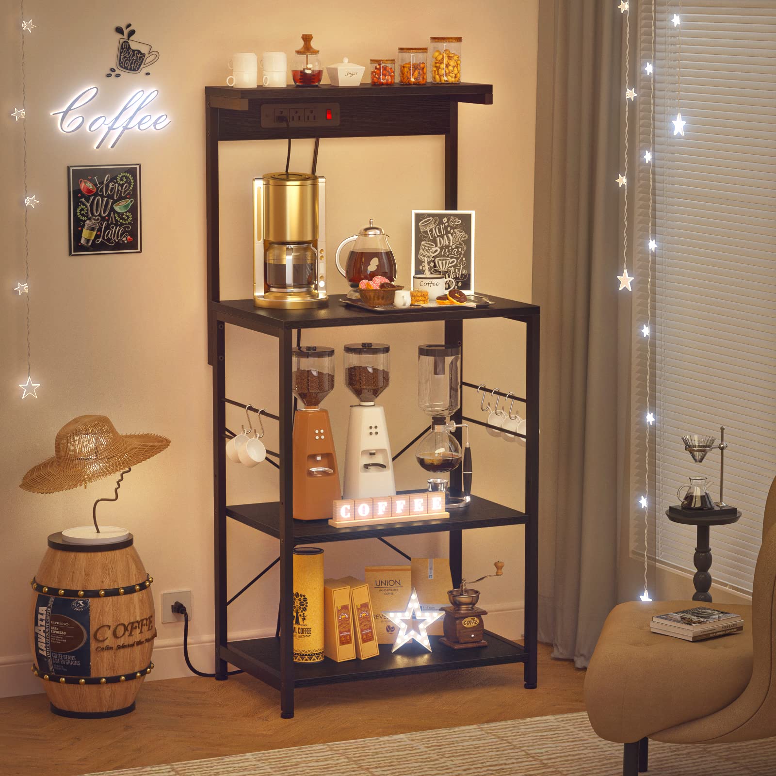 Topfurny Baker‘s Rack with Power Outlet, Microwave Stand Kitchen Storage Shelf, Kitchen Organizer Rack with 5 Hooks, Industrial Coffee Bar Table for Kitchens with Storage, Black