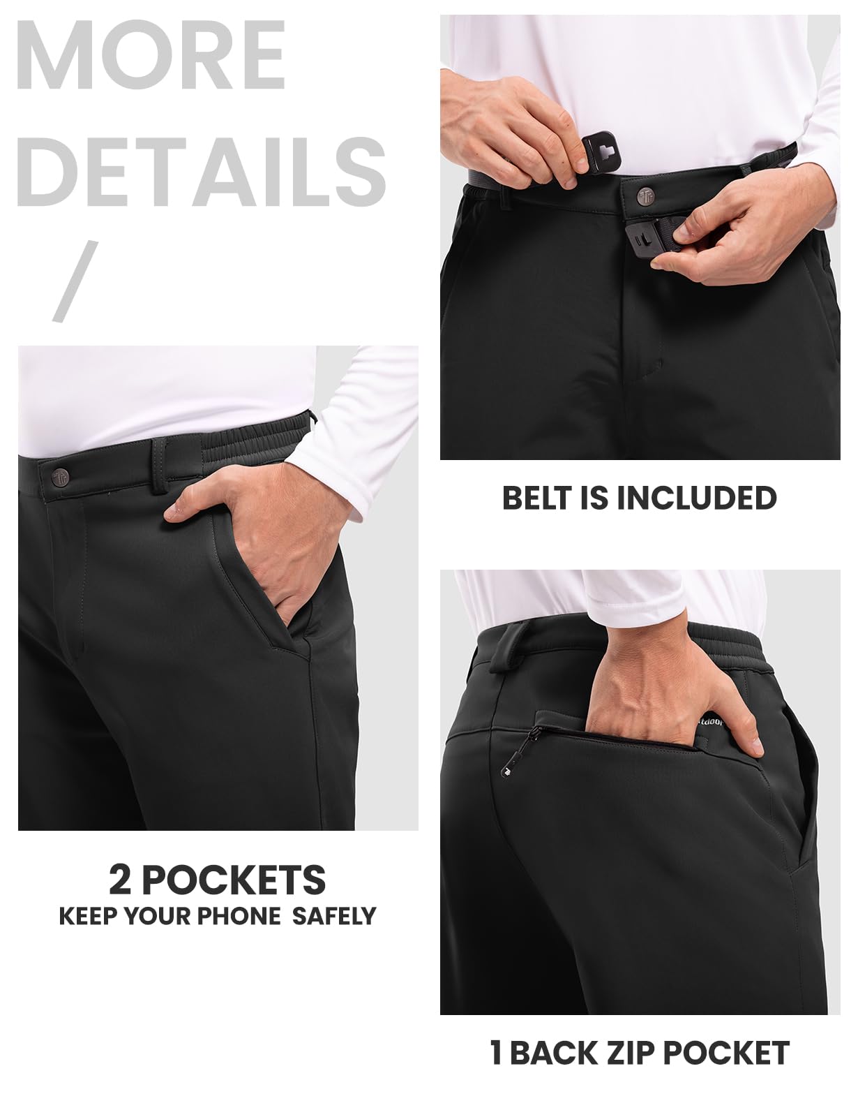 TBMPOY Men's Snow Ski Hiking Pants Waterproof Winter Fleece Lined Pants Camping Skiing Ice Fishing Pants with Belt 01 Thick Black L
